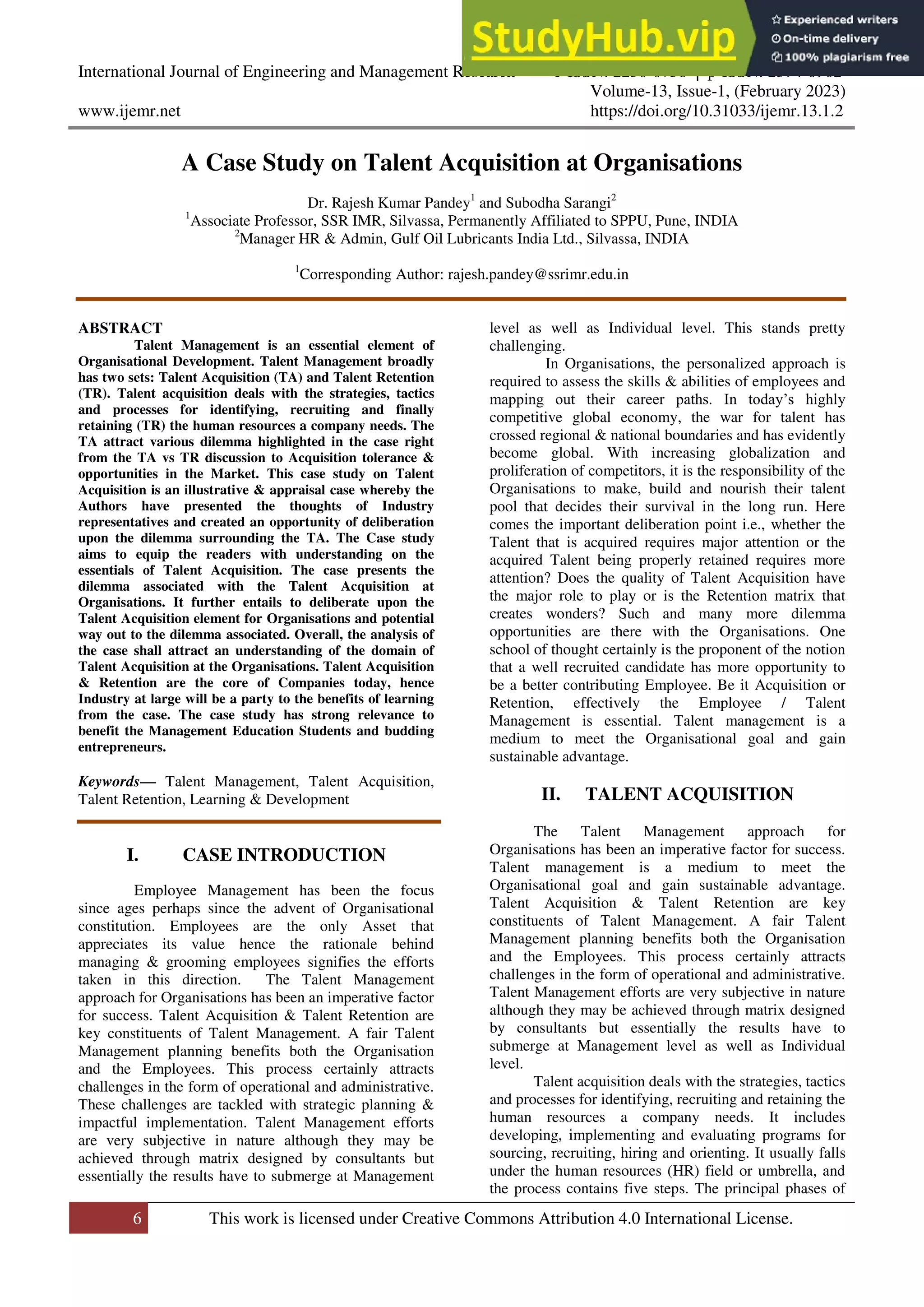 A Case Study On Talent Acquisition At Organisations | PDF