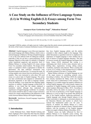 A Case Study On The Influence Of First Language Syntax (L1) In Writing ...