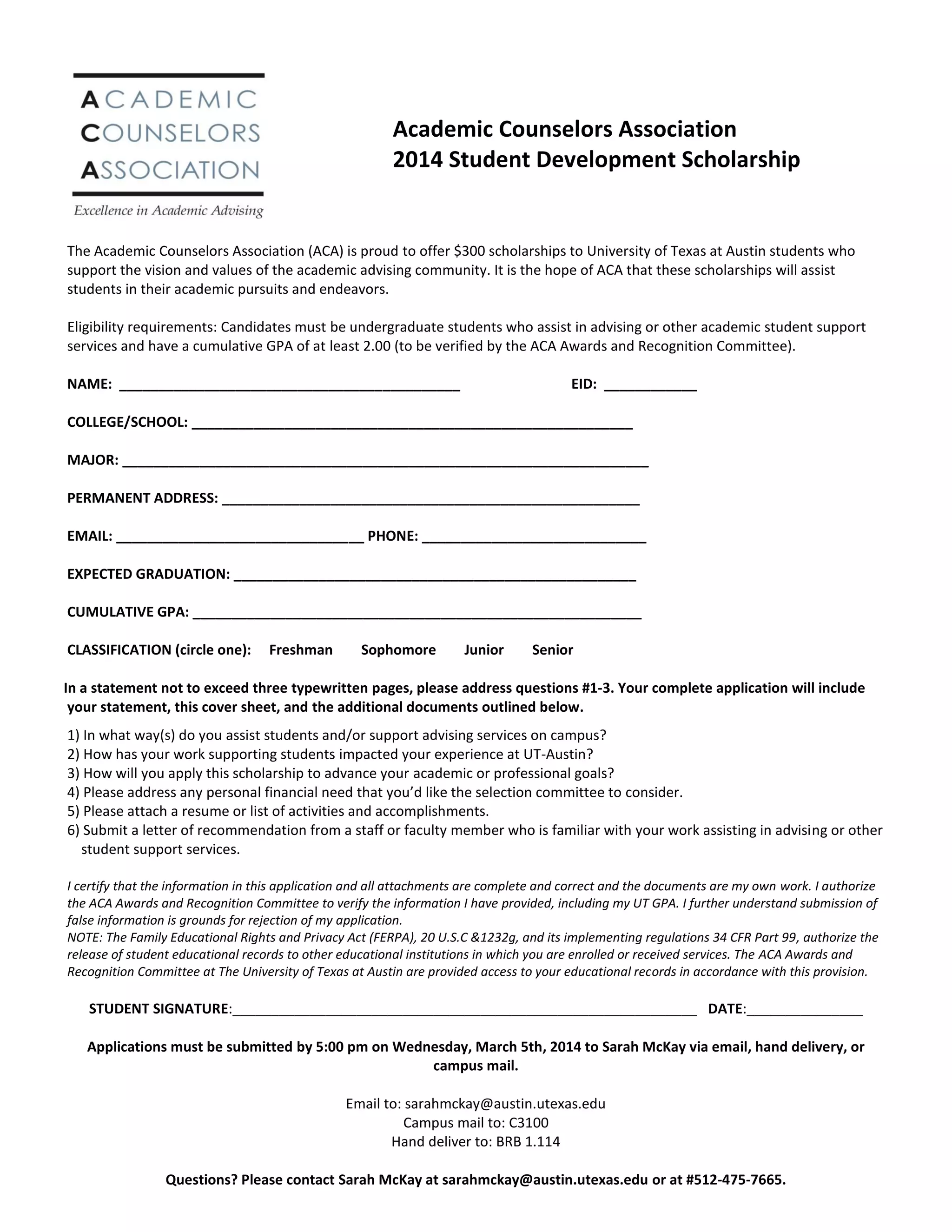 ACA student scholarship form 2014 | PDF