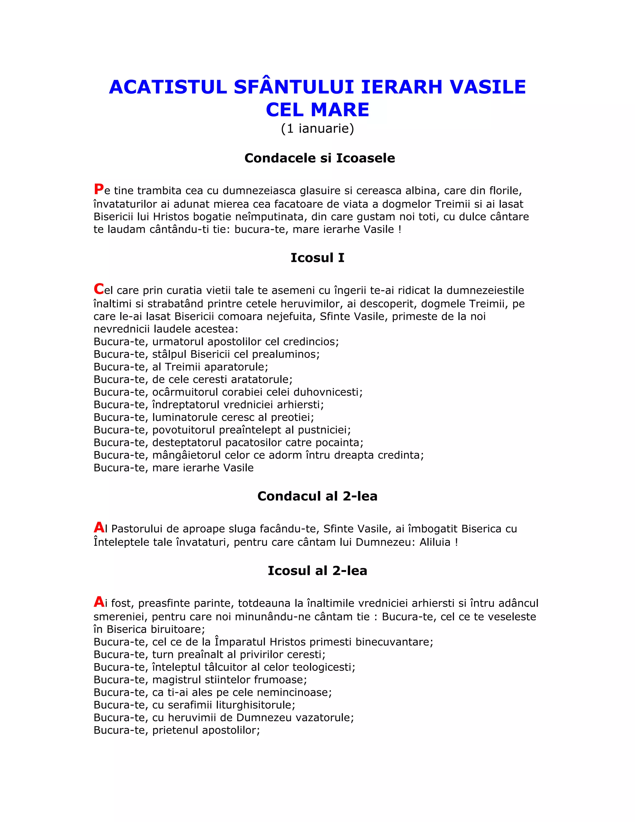 Acatistul Sfantului Ierarh Vasile Cel Mare | DOC