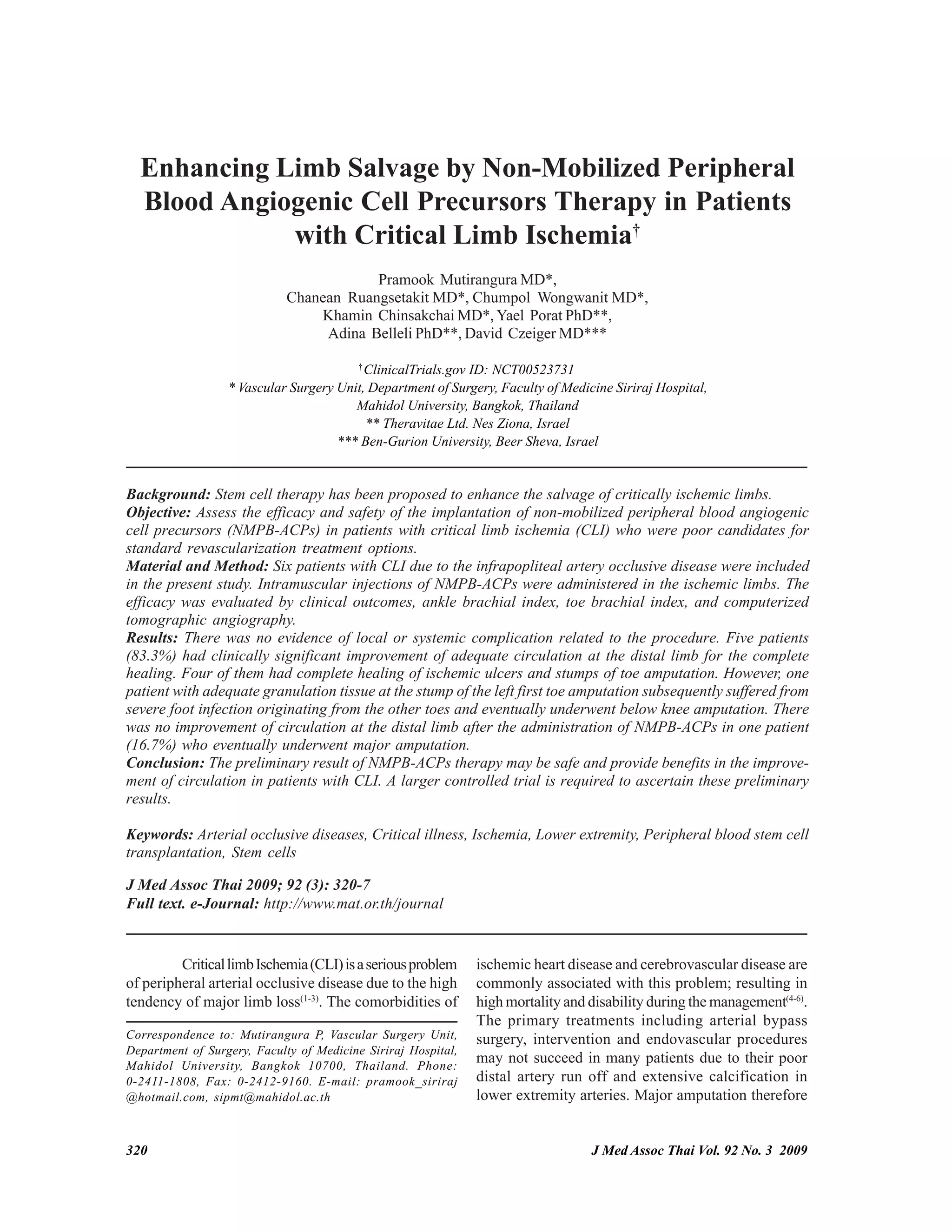 Enhancing Limb Salvage by Non-Mobilized Peripheral Blood Angiogenic ...