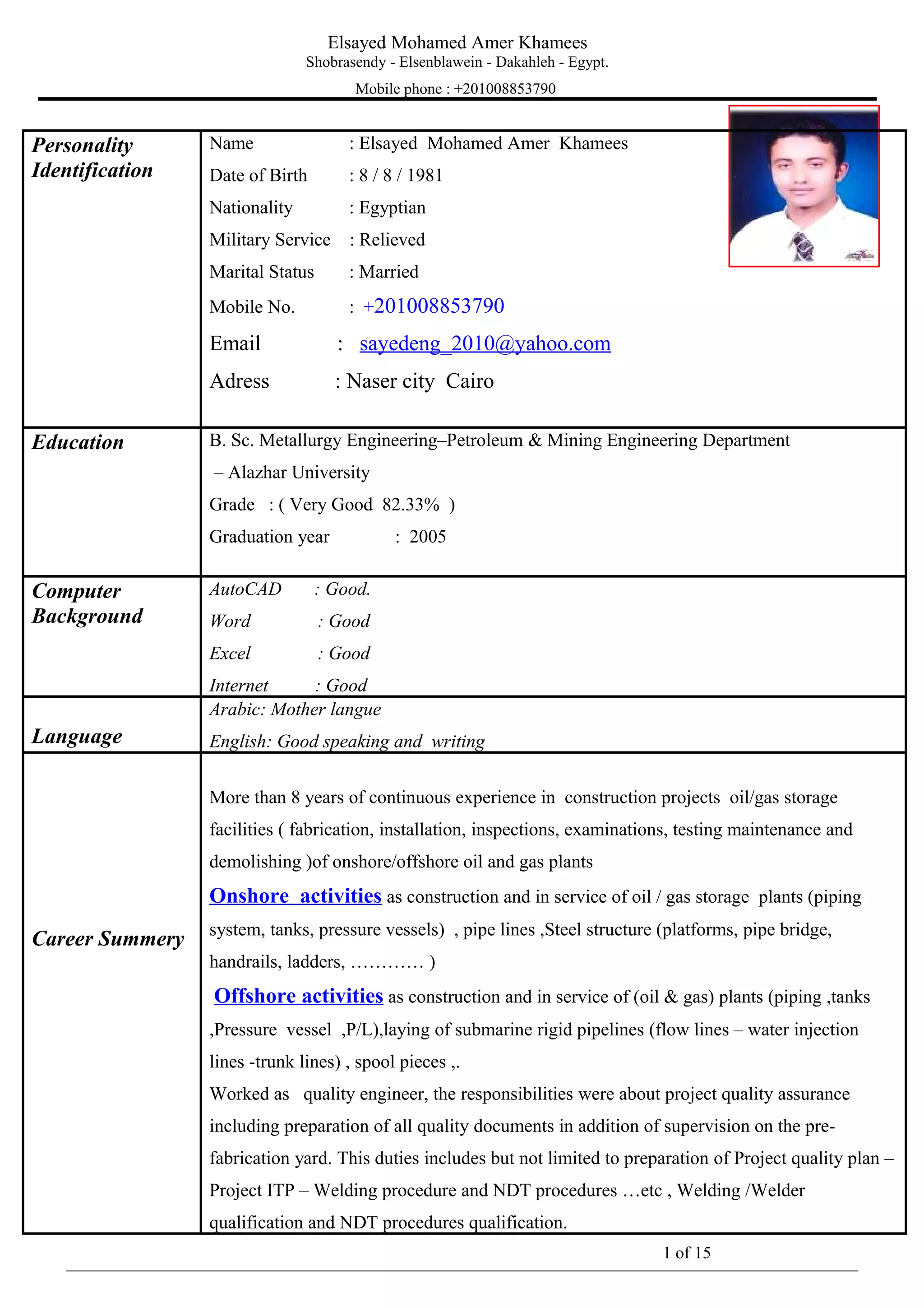 Elsayed Amer CV | DOC | Civil Engineering Industry | Industries
