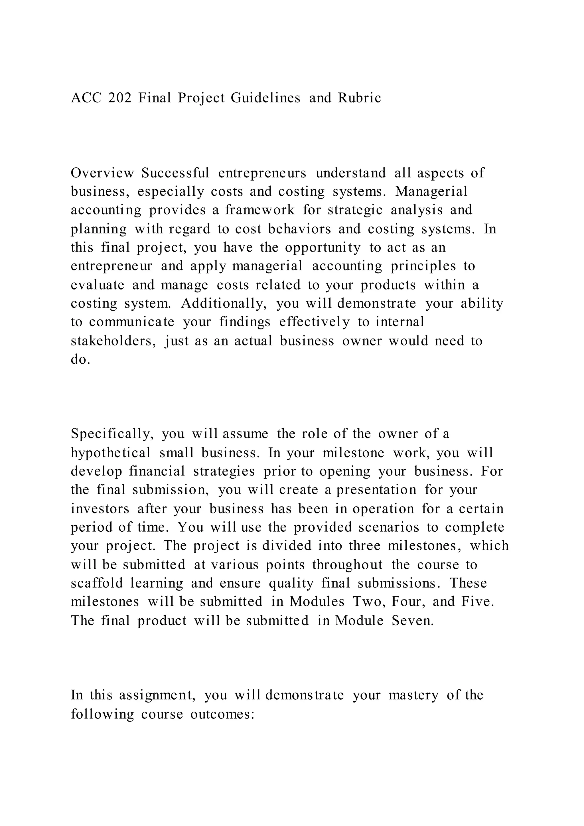 ACC 202 Final Project Guidelines and Rubric Overview Success | DOCX