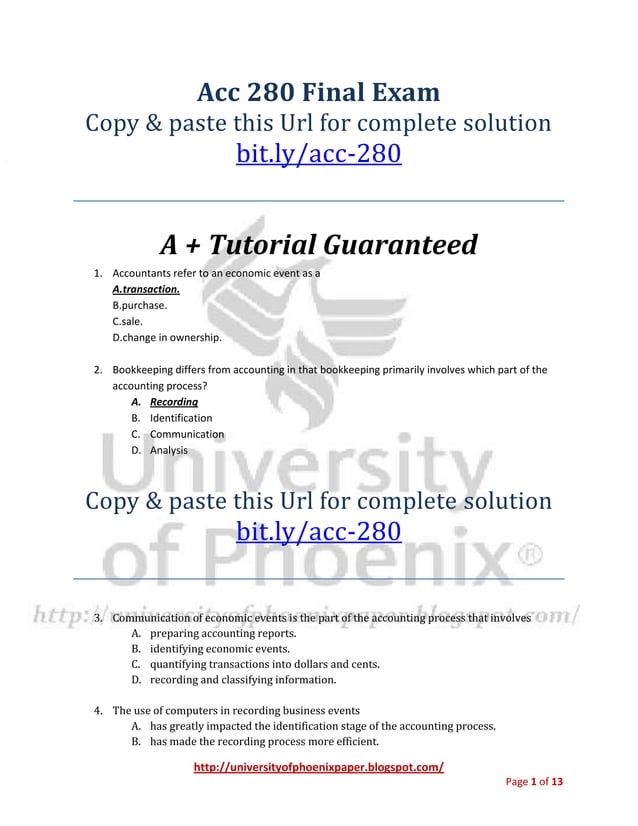 Acc 280 / Acc280 final exam | DOCX | Business Accounting & Finance ...