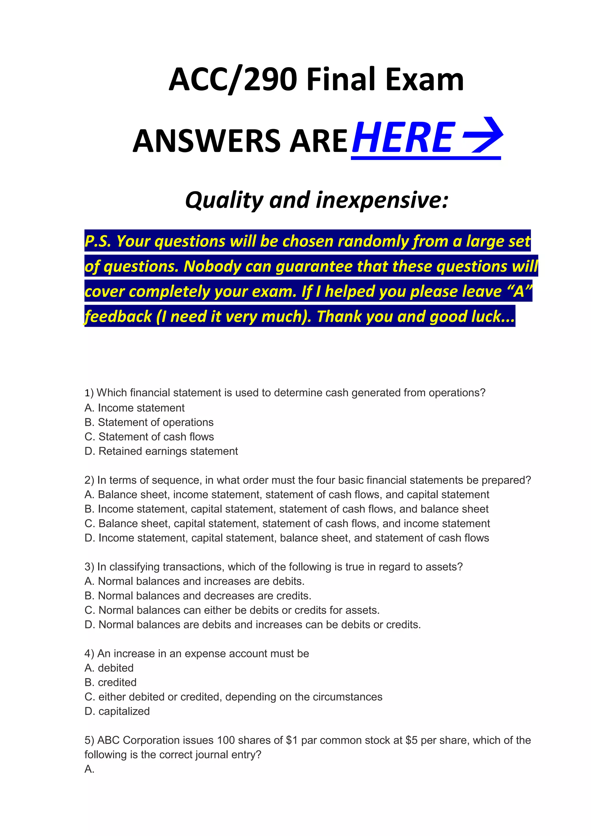 Acc 290 final exam mcq`s correct answers 100% | DOCX