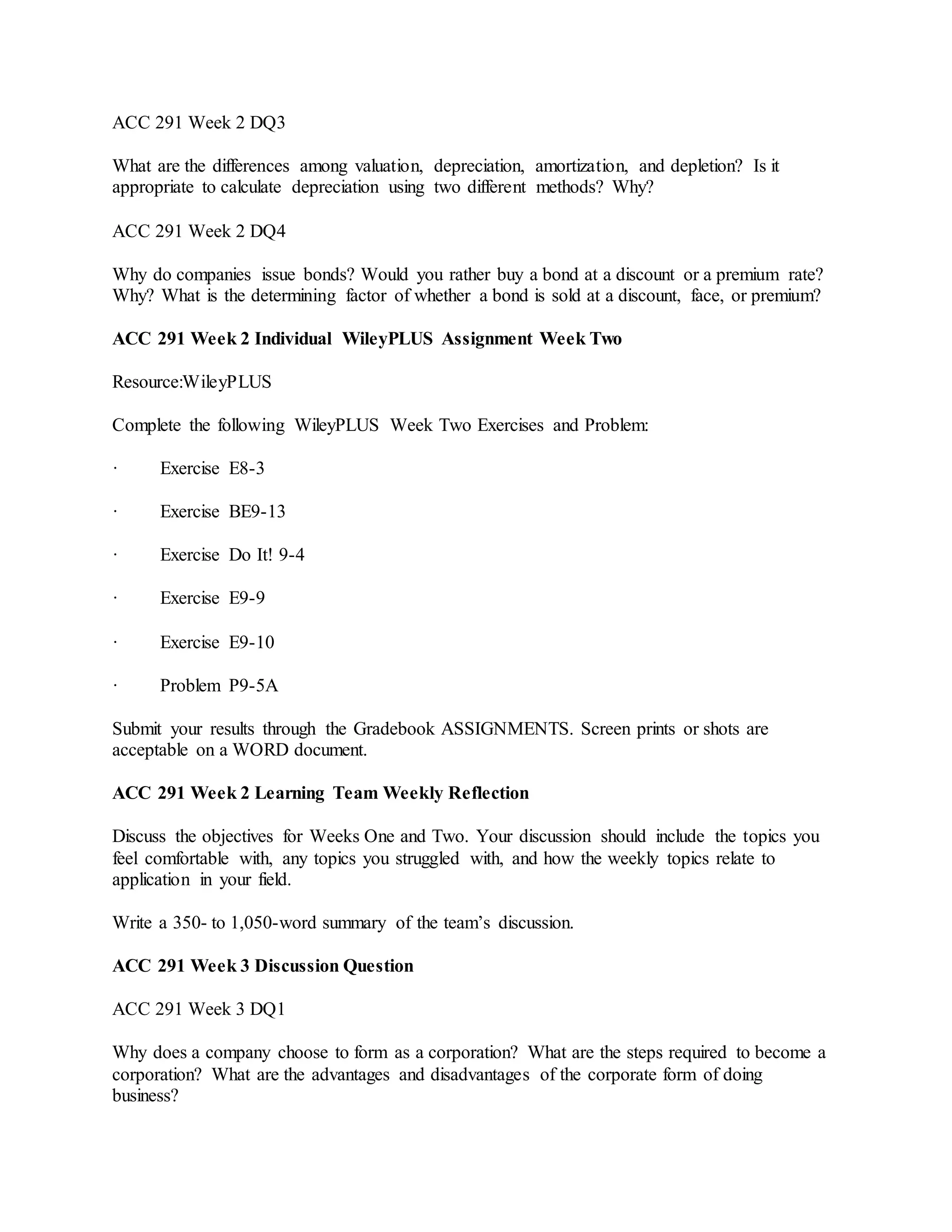 Acc 291 Entire Course | DOCX | Stocks and Bonds | Personal Investing