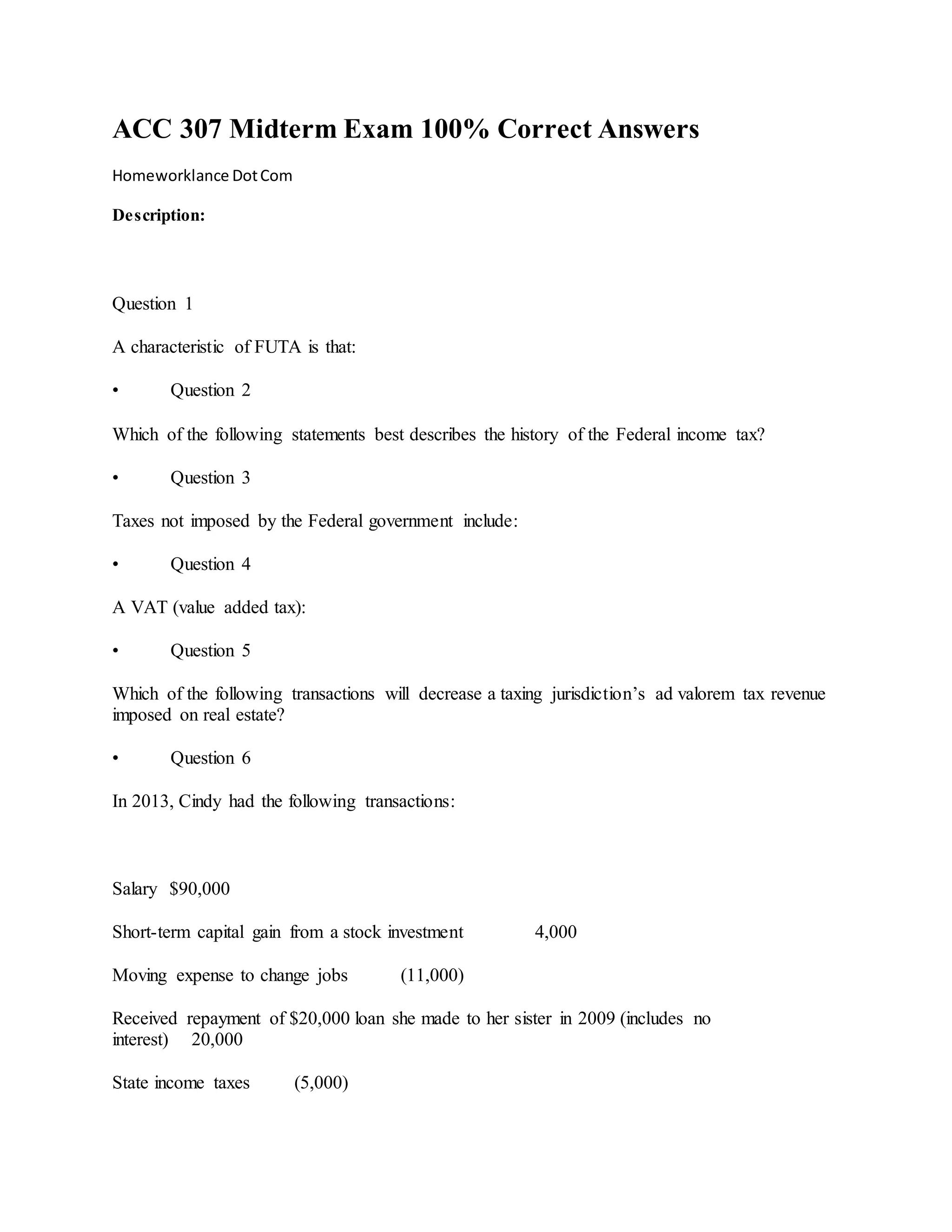 Acc 307 midterm exam 100% correct answers | DOCX