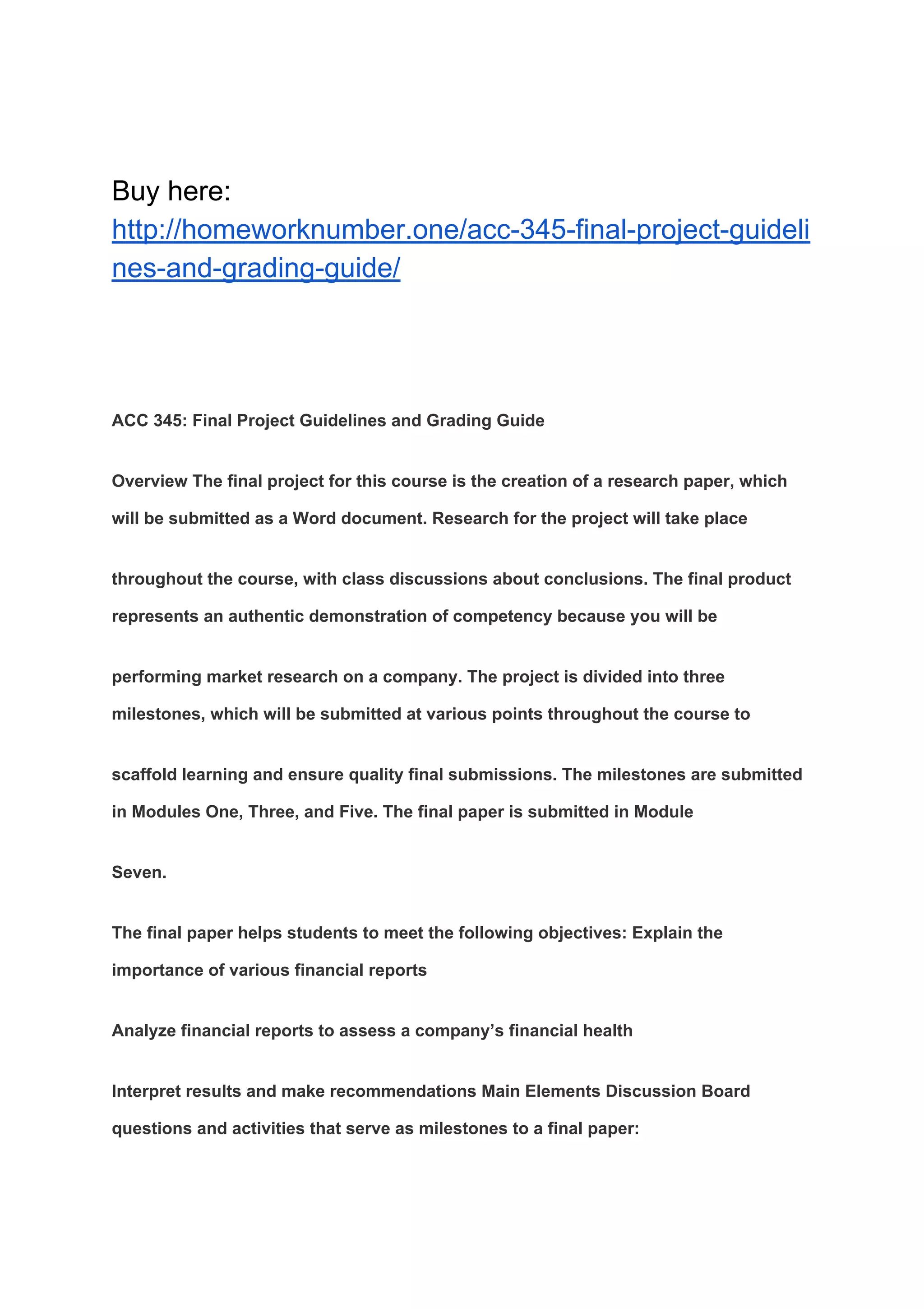 ACC 345: Final Project Guidelines and Grading Guide | PDF