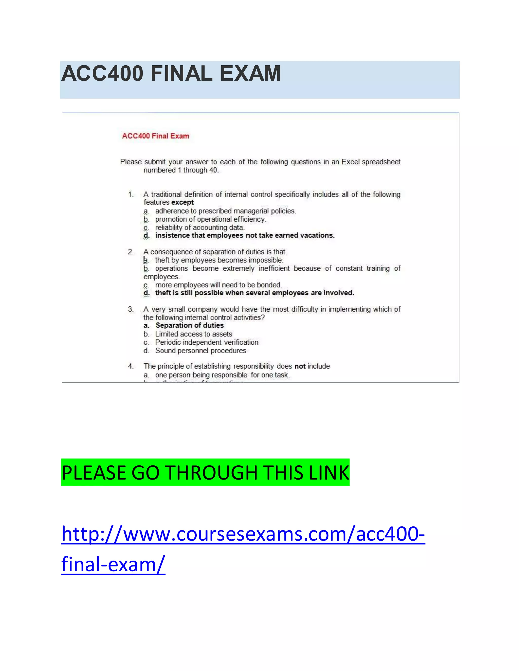 Acc400 final exam | DOCX | Educational Assessment | Education