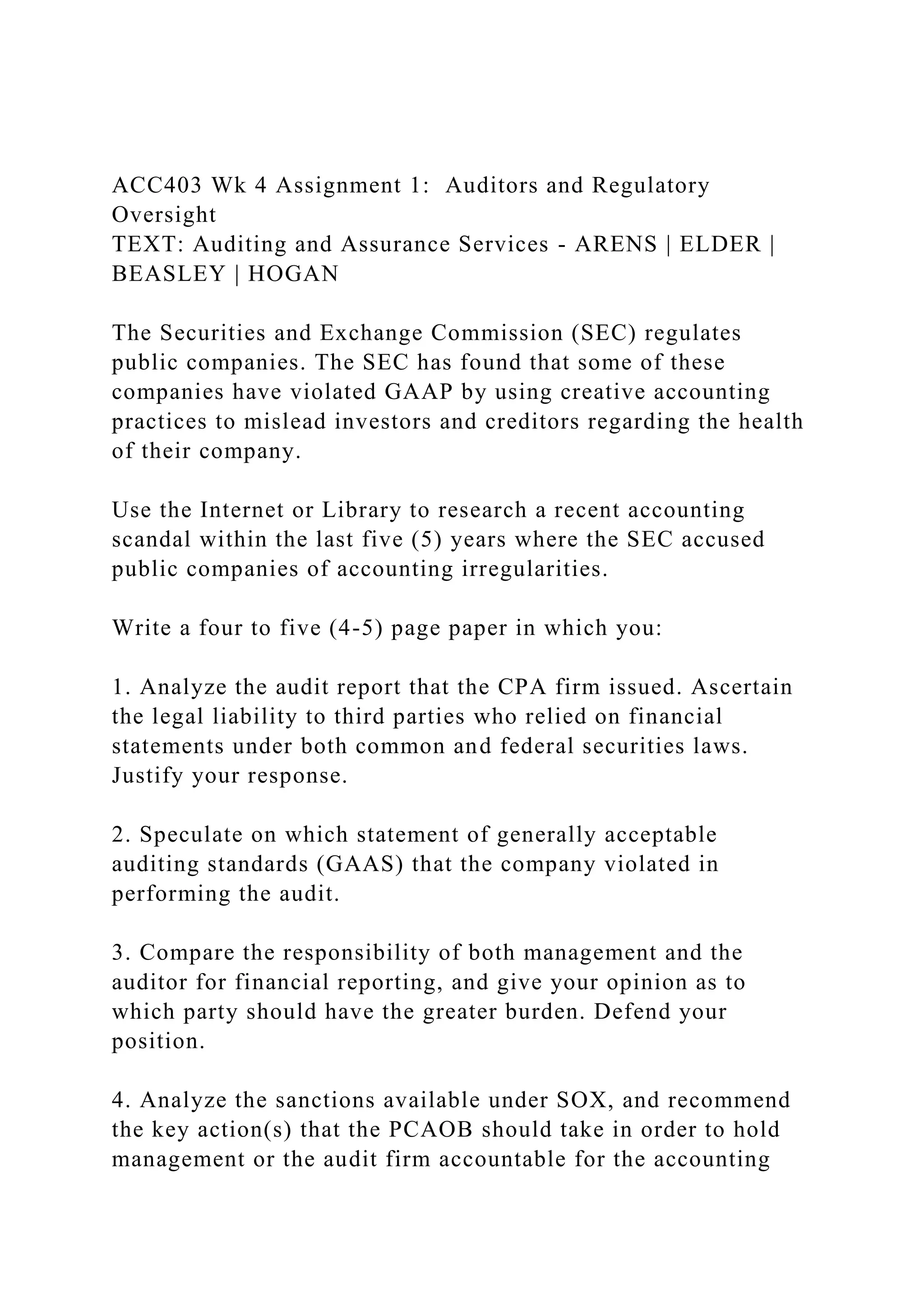 ACC403 Wk 4 Assignment 1 Auditors and Regulatory OversightTEXT.docx ...