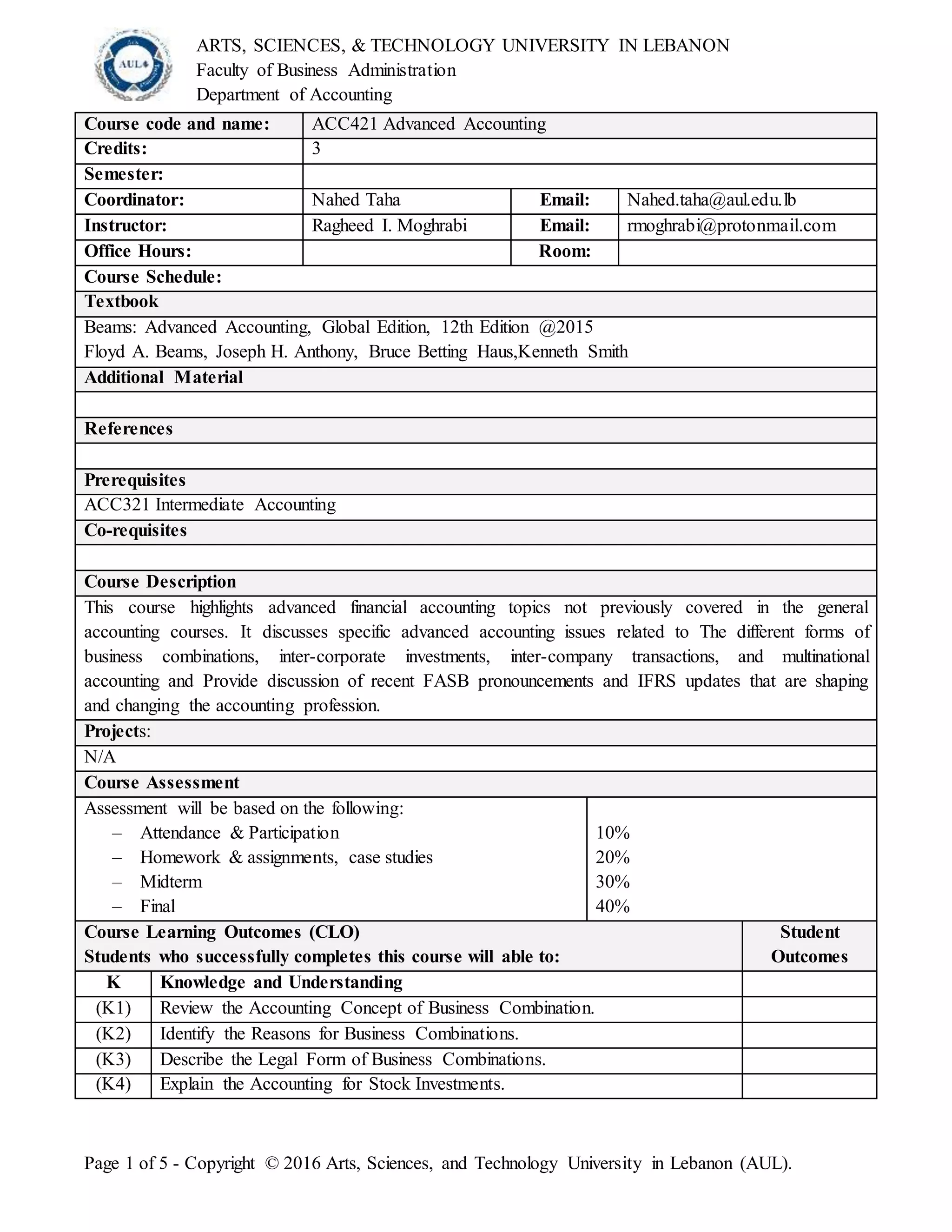 Acc421 advanced accounting syllabus (2) | DOCX