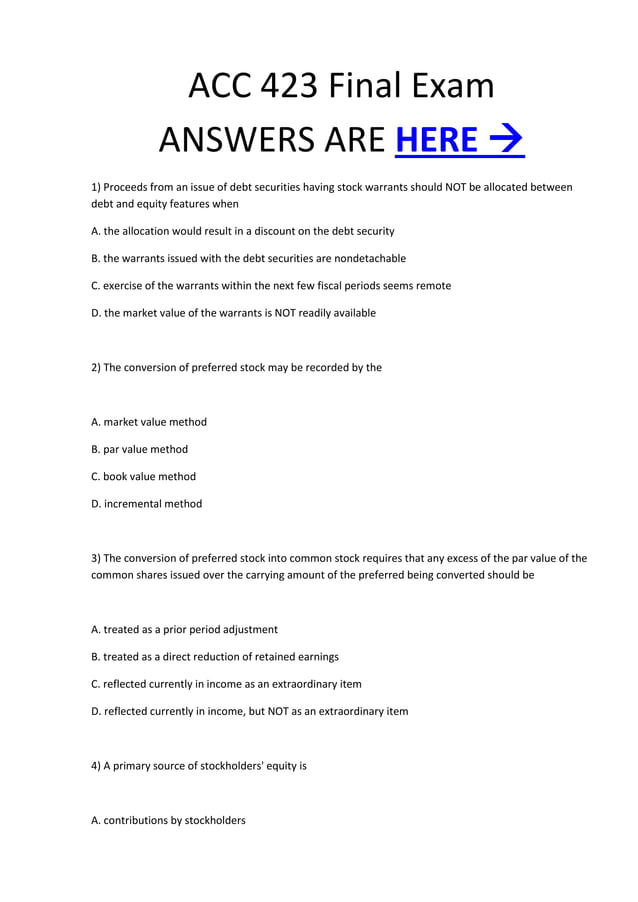 Acc 423 acc/423 final exam 100% correct answers | DOCX | Stocks and Bonds | Personal Investing