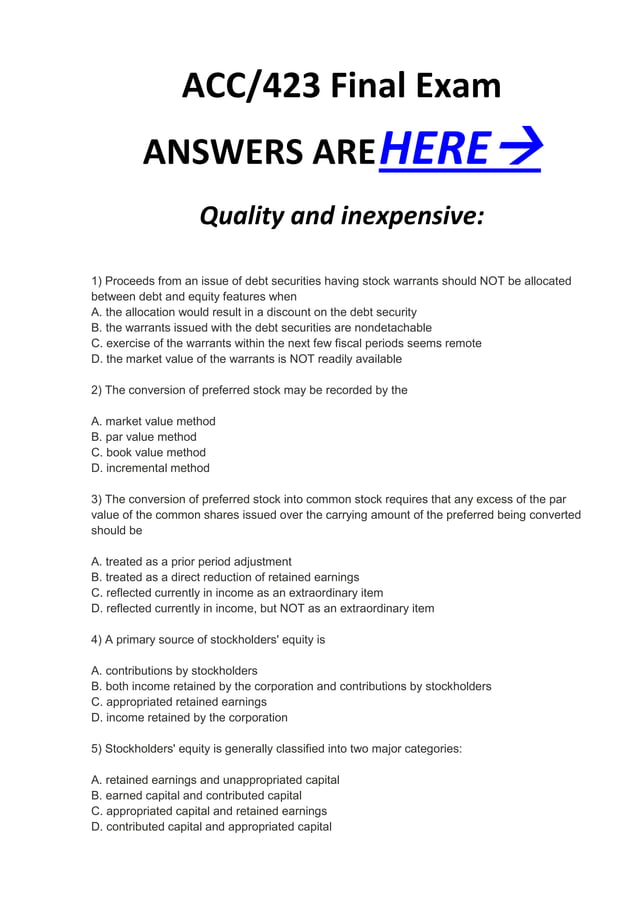 Acc 423 acc423 final exam correct 100% | DOCX | Stocks and Bonds | Personal Investing