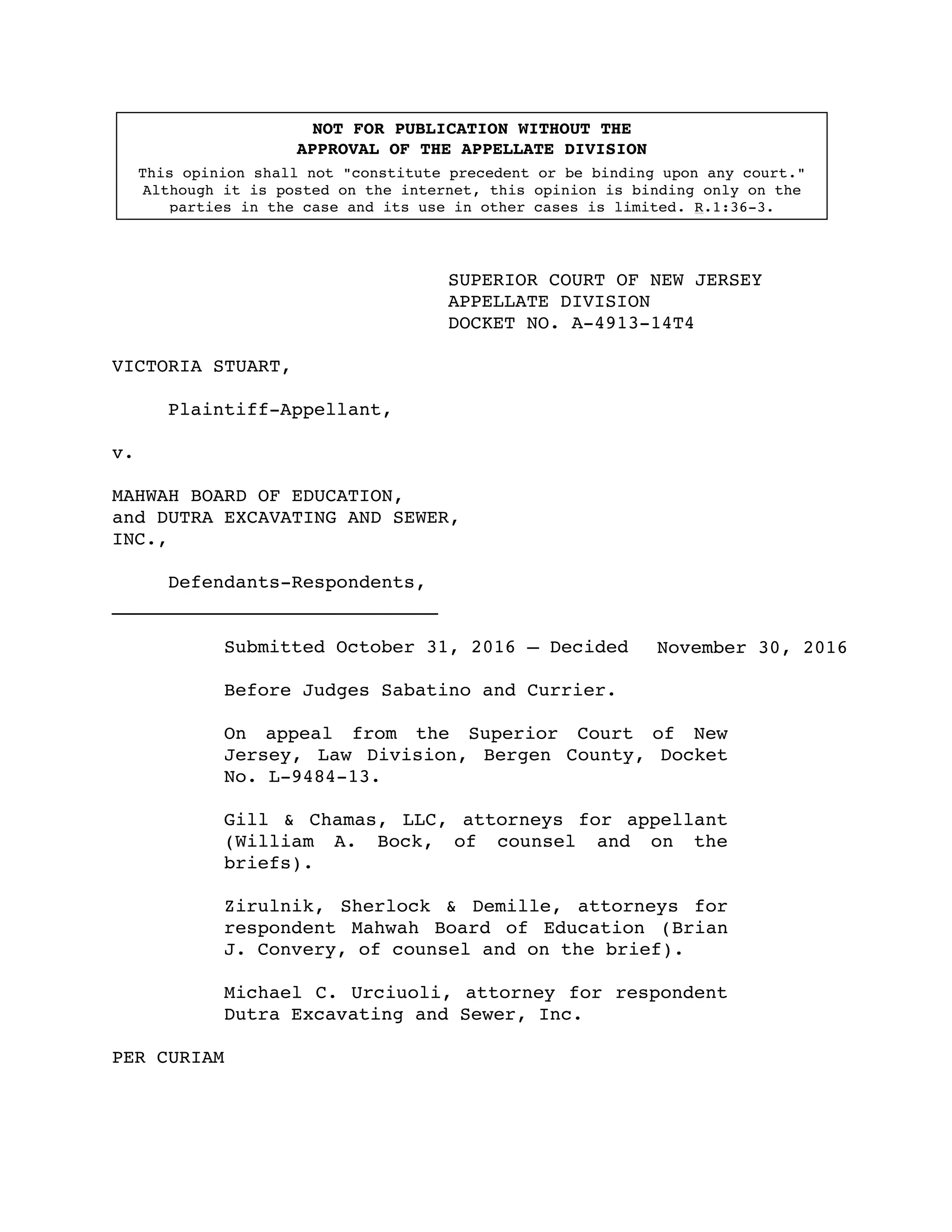 Stuart v. Mahwah BOE A-4913-14 | PDF | Law