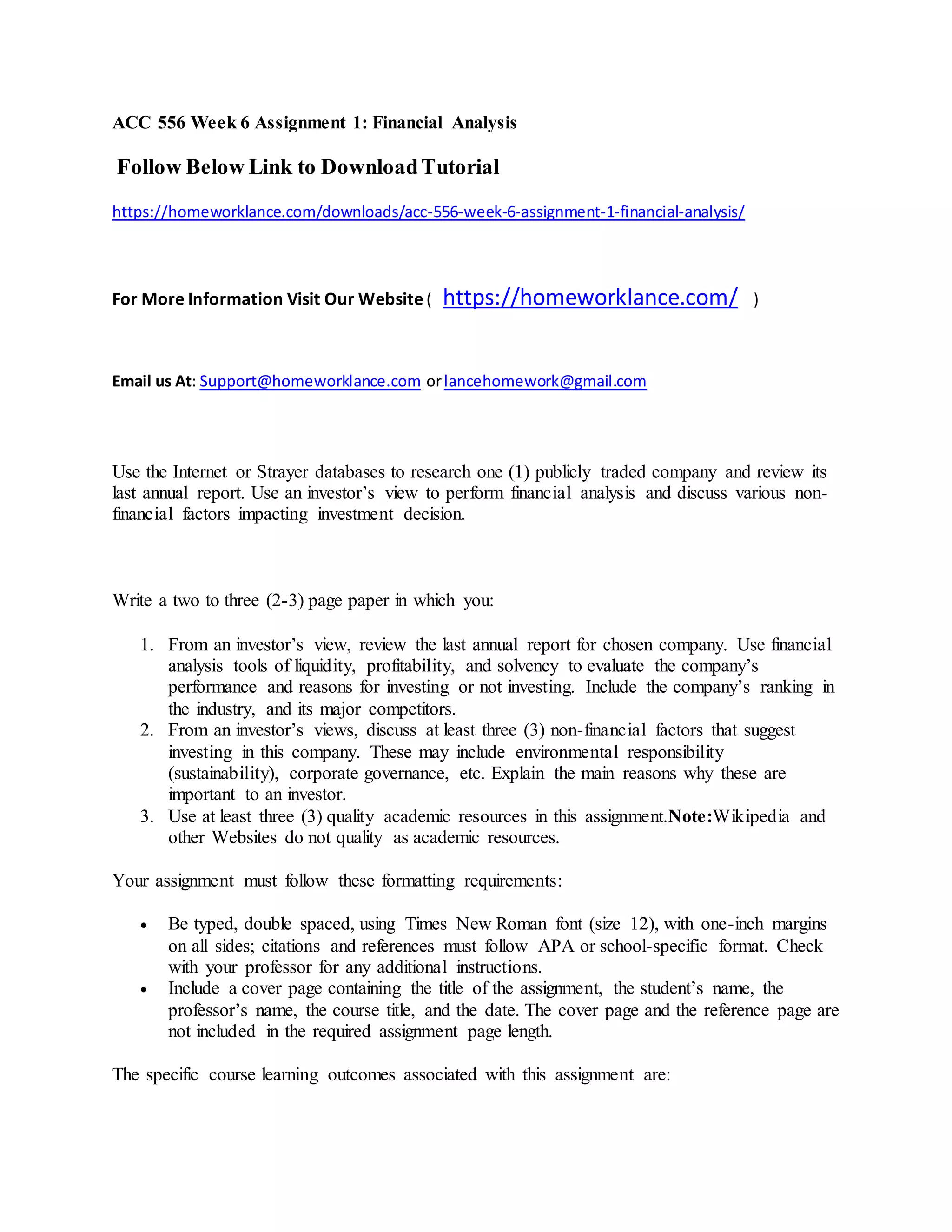 Acc 556 week 6 assignment 1 financial analysis | PDF