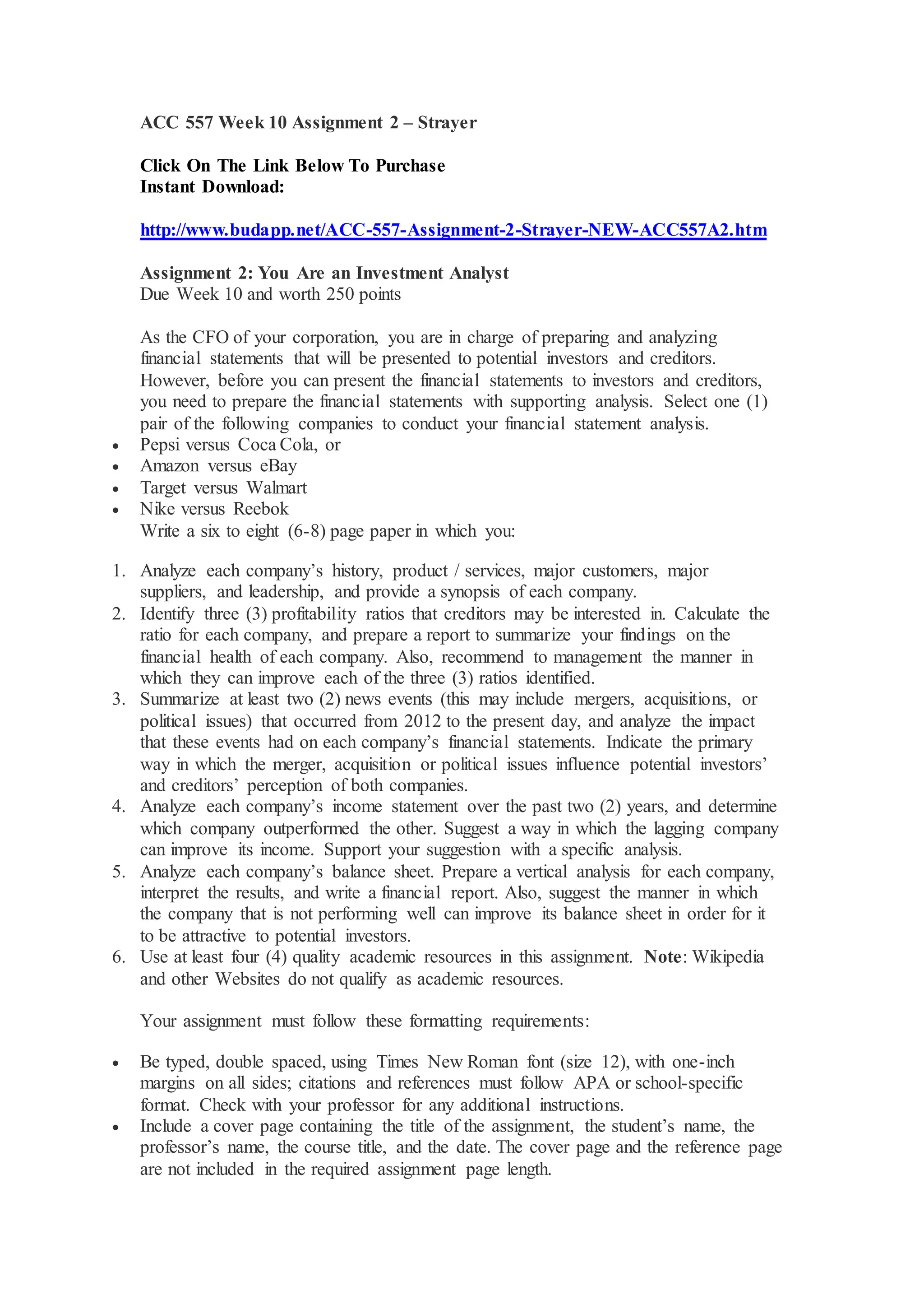 Acc 557 assignment 2 – strayer week 10 | DOCX