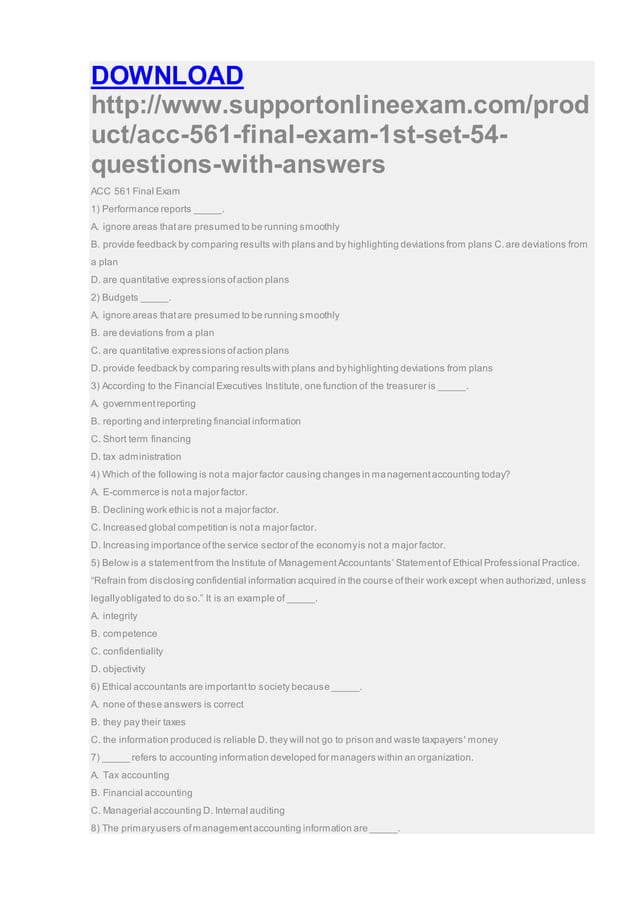 Acc 561 final exam (1st set) 54 questions with answers | PDF