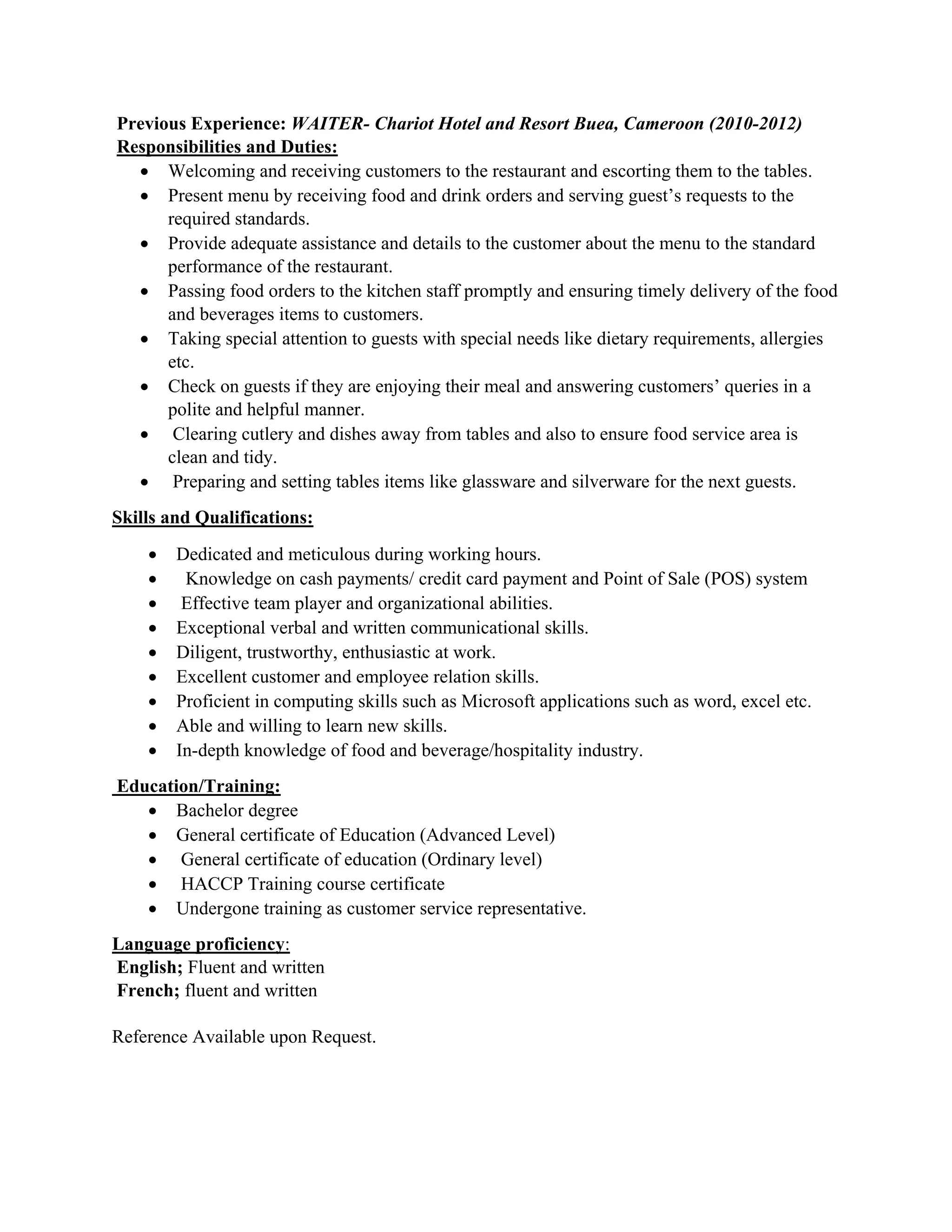 WAITER CV 1 | PDF