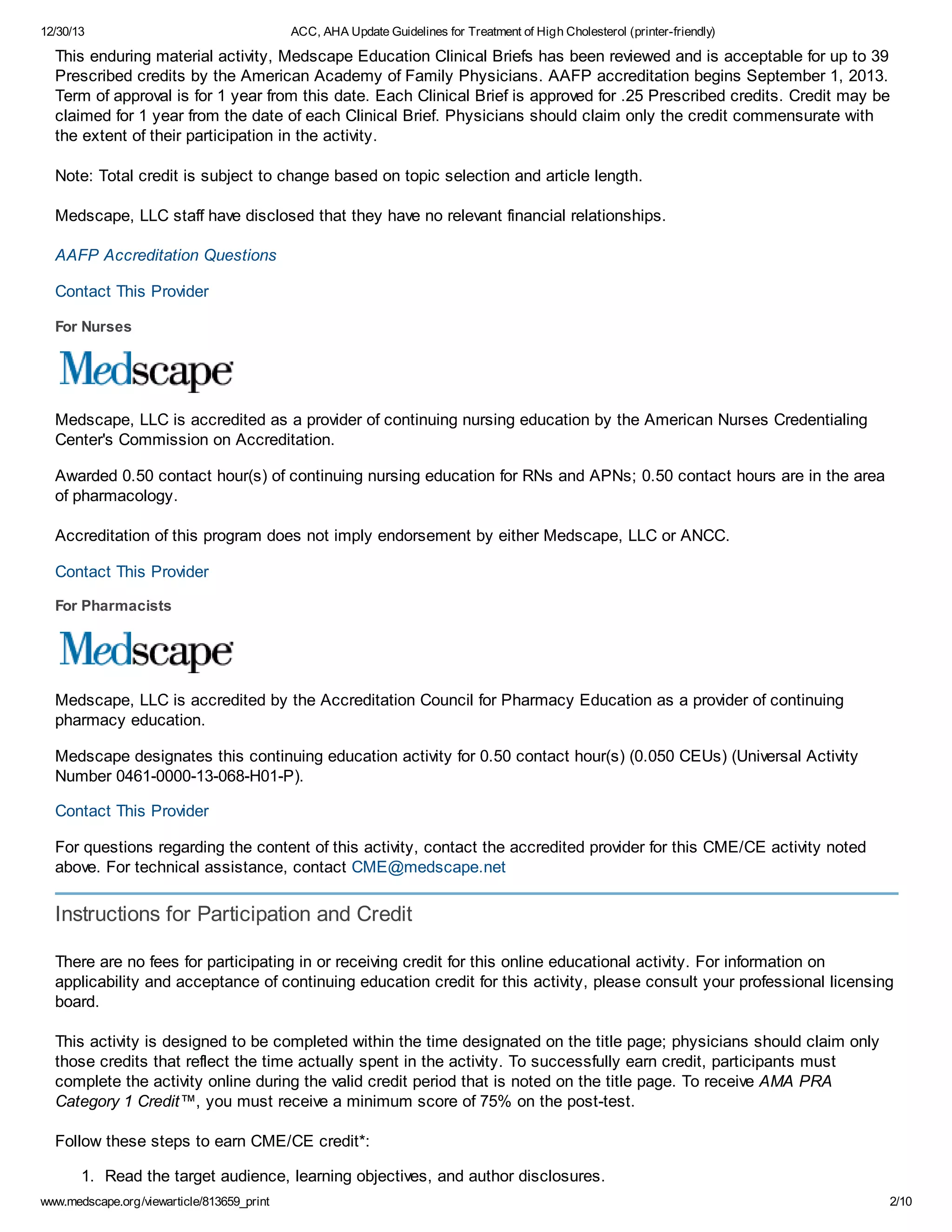Acc, aha update guidelines for treatment of high cholesterol (printer ...