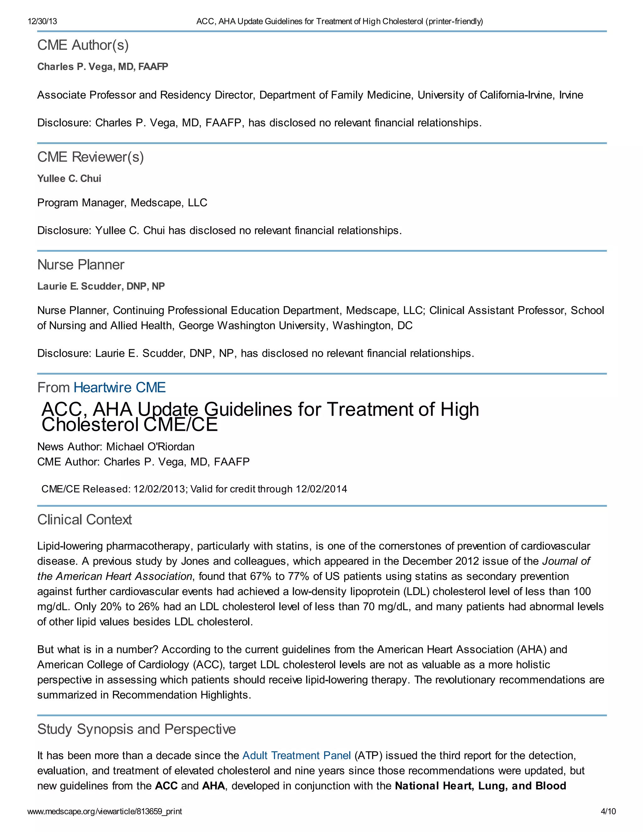 Acc, aha update guidelines for treatment of high cholesterol (printer ...