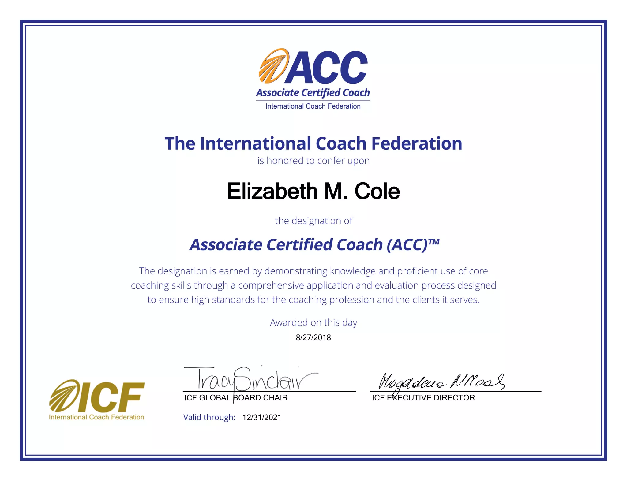 Associate Certified Coach ACC certificate - Elizabeth Cole | PDF