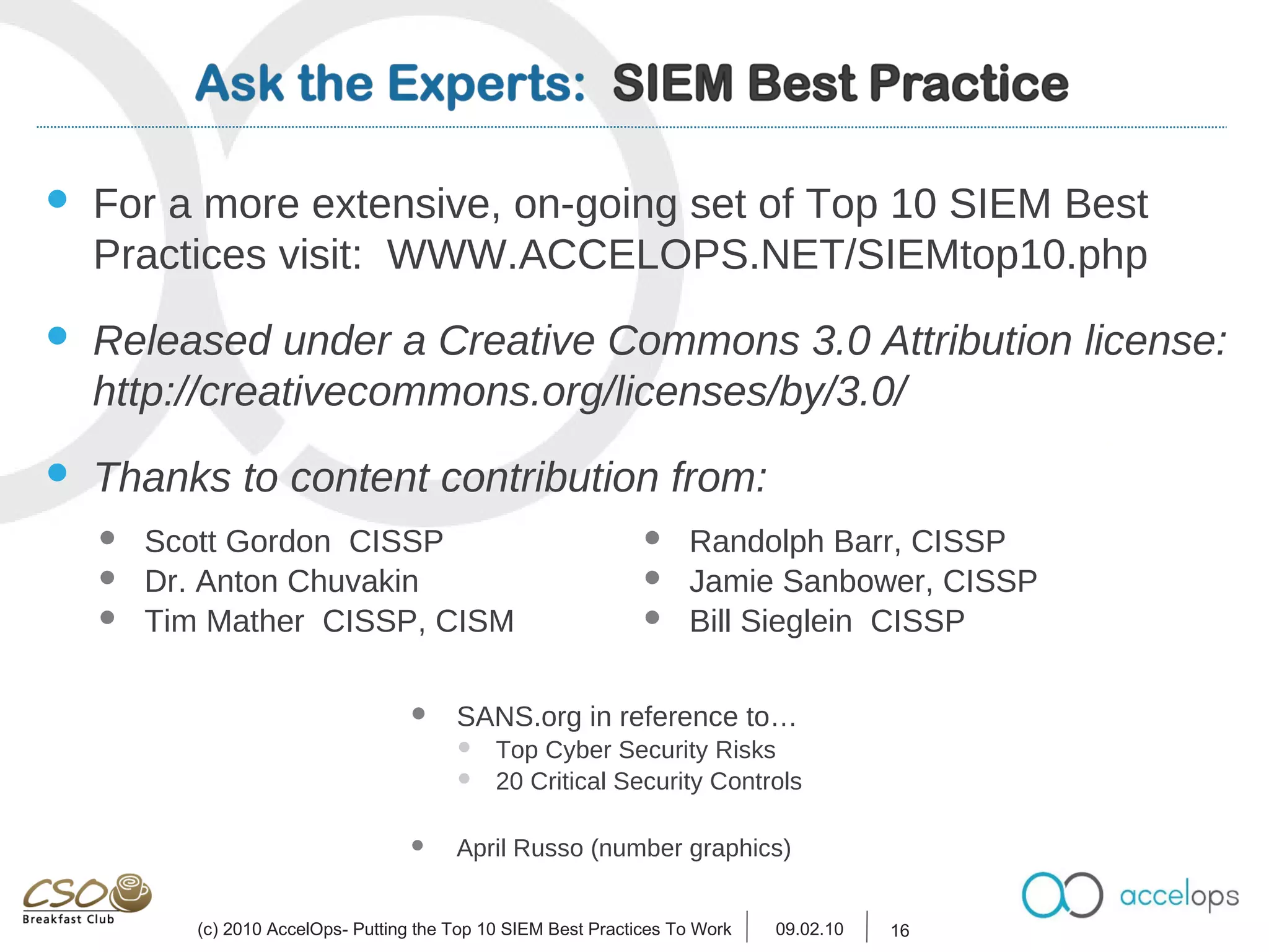 Top 10 SIEM Best Practices, SANS Ask the Expert | PPT