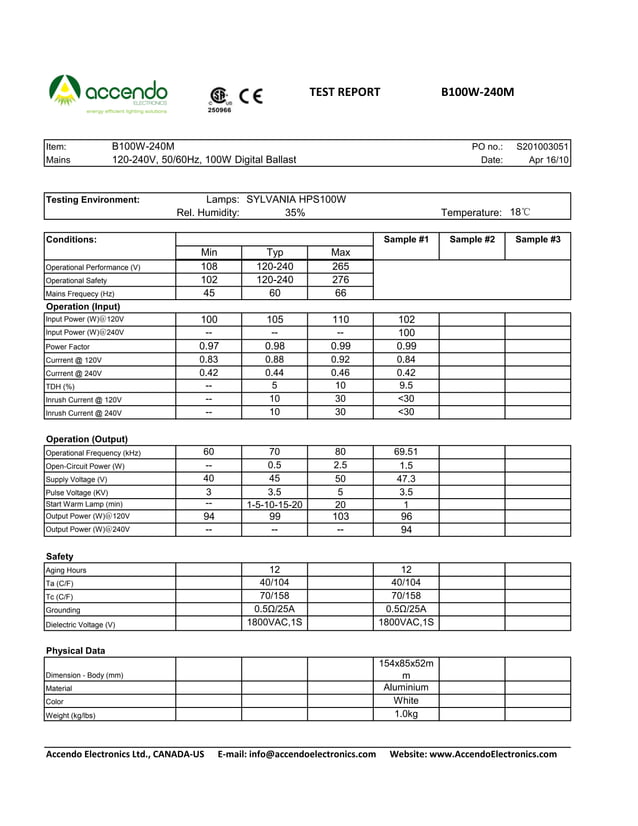 Accendo GloGreen Digital HID (DHID) Ballast B100W-240M Electrical Test ...