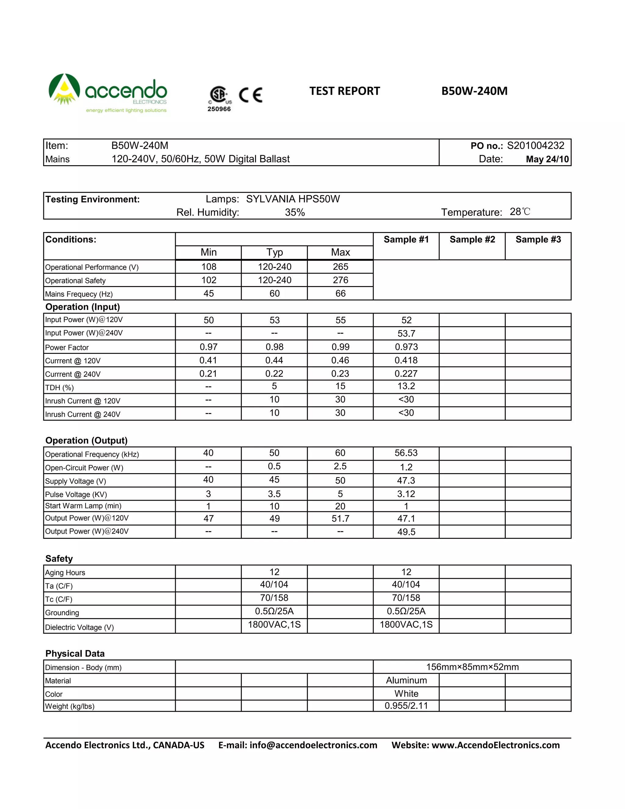 Accendo GloGreen Digital HID (DHID) Ballast B50W-240M Electrical Test ...
