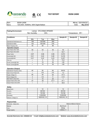 Accendo GloGreen Digital HID (DHID) Ballast B50W-240M Electrical Test ...