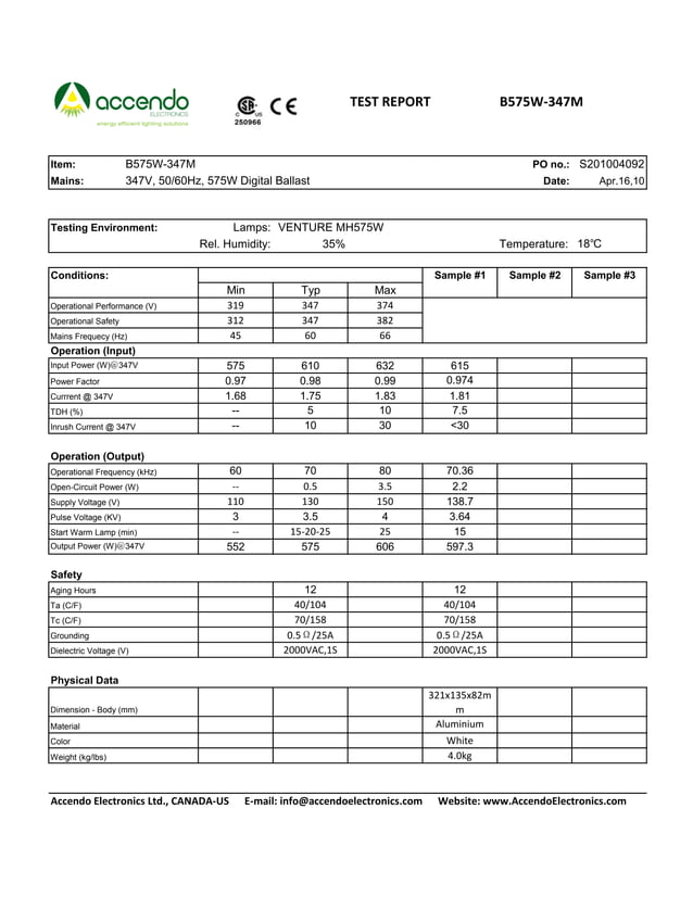 Accendo GloGreen Digital HID (DHID) Ballast B575W-347M Electrical Test ...