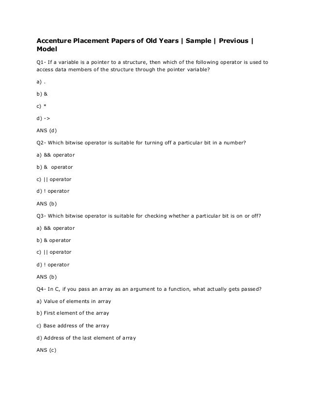 Accenture Placement Papers Of Old Years Sample Previous Model