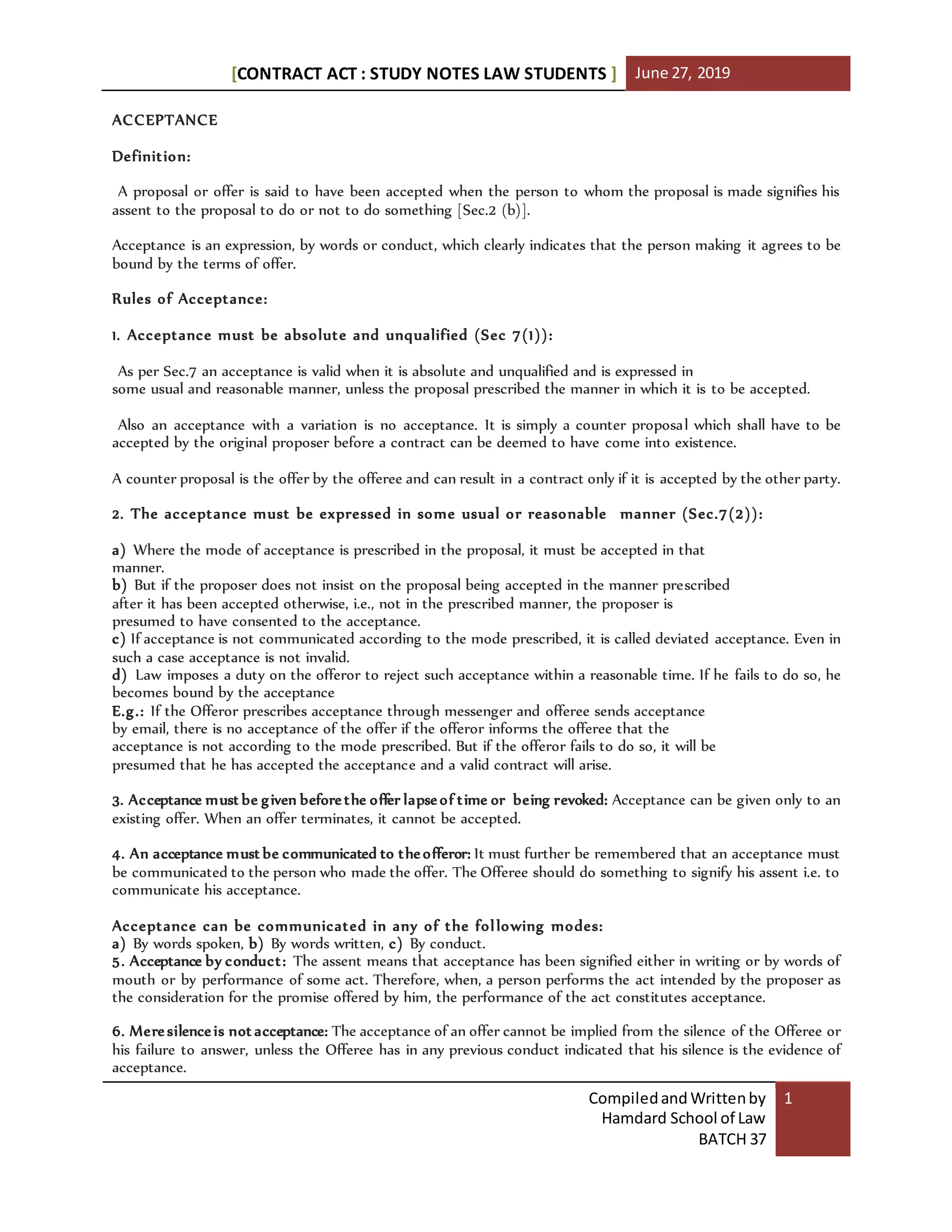 Acceptance contract act Ba-LLB short notes | DOCX