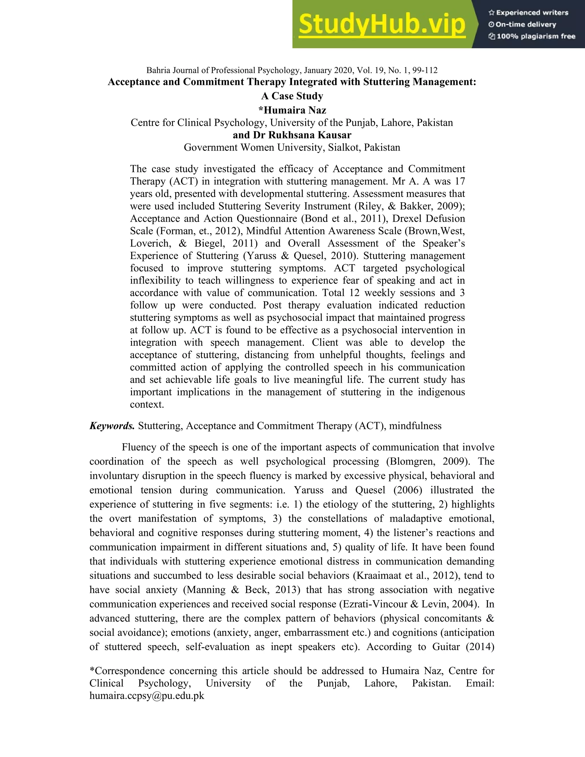 Acceptance And Commitment Therapy Integrated With Stuttering Management ...