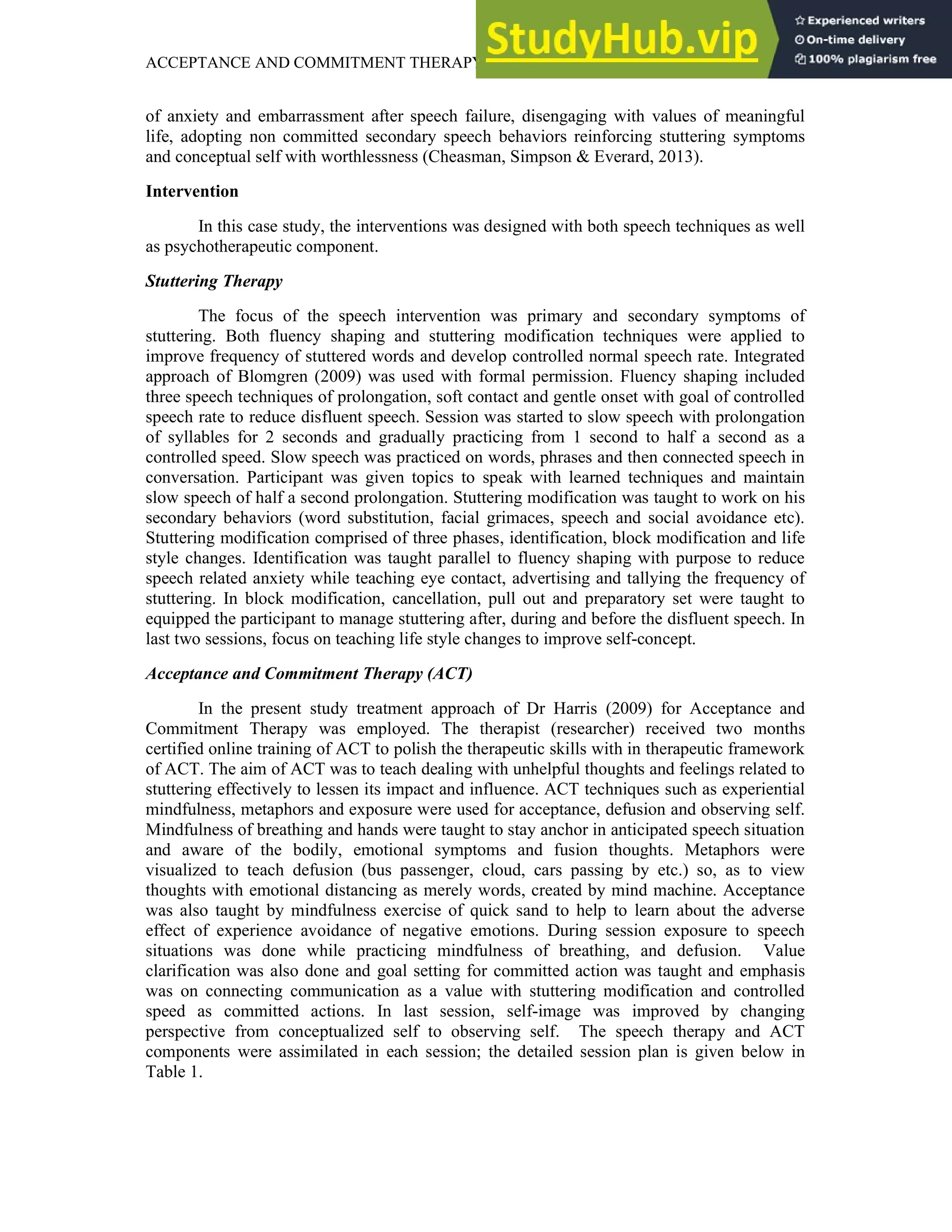 Acceptance And Commitment Therapy Integrated With Stuttering Management ...