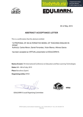 Acceptance Letter EDULEARN15 Paper Id 43682 | PDF