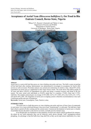 Acceptance of aerial yam (dioscorea bulbifera l.) for food in biu ...