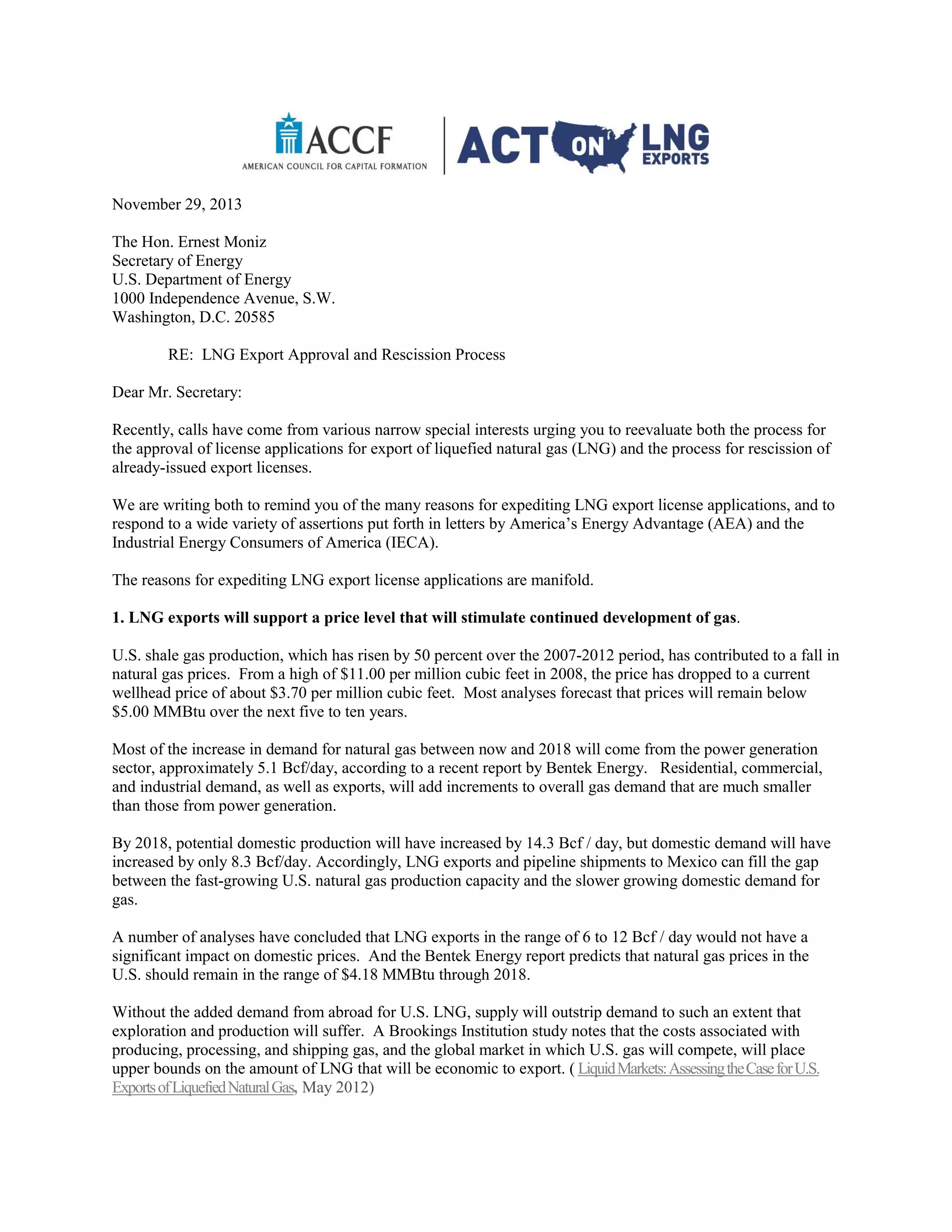 ACCF Letter to DOE Sec. Ernest Moniz Requesting Expedited Approval of ...
