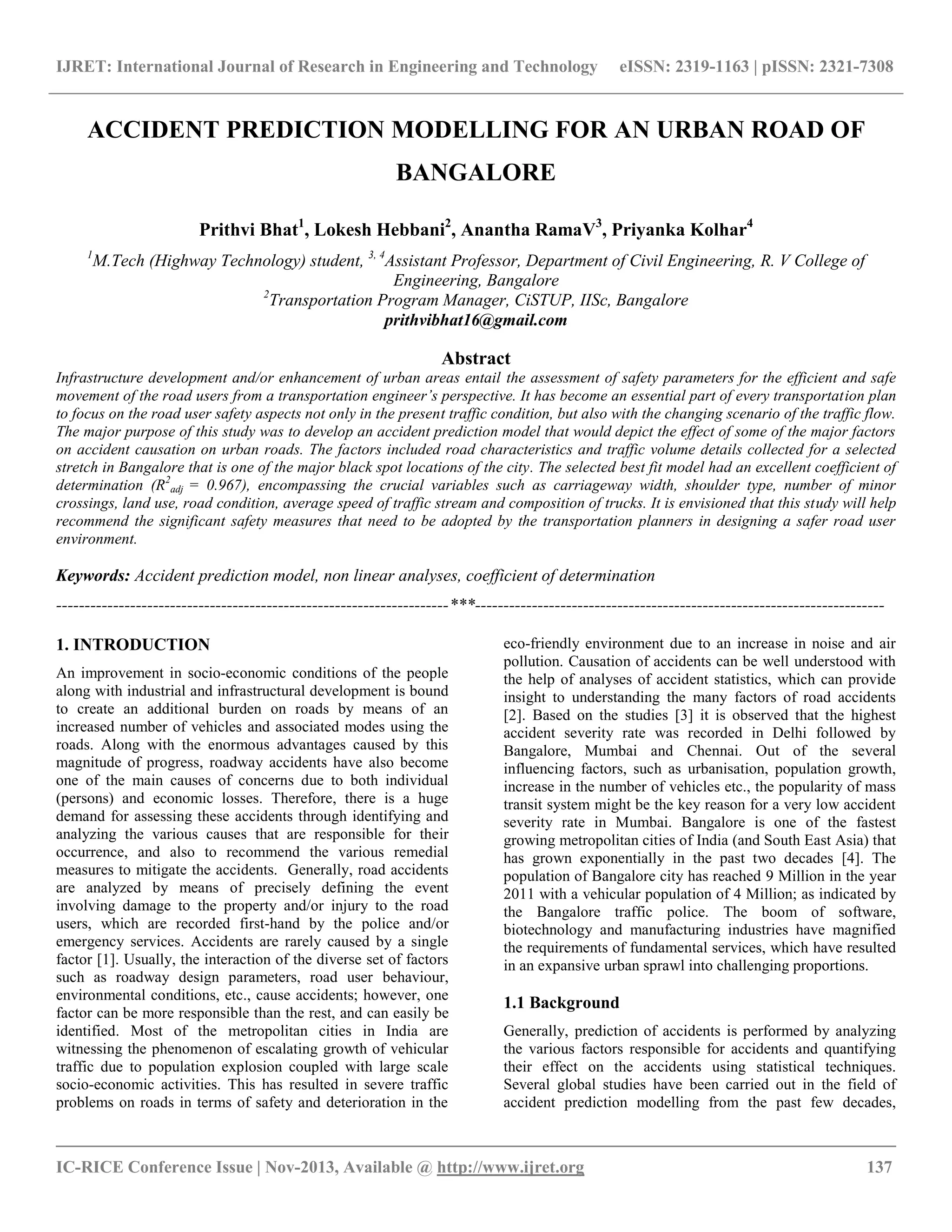 Accident prediction modelling for an urban road of bangalore | PDF
