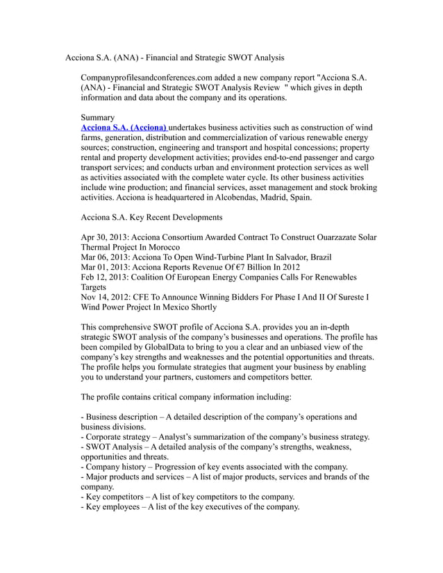 Acciona s.a. (ana) financial and strategic swot analysis | PDF