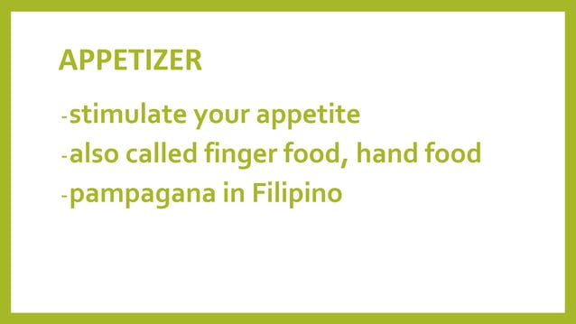 ACCOMPANIMENT OF APPETIZERS L4.pptx | Healthy Cooking and Eating | Food ...