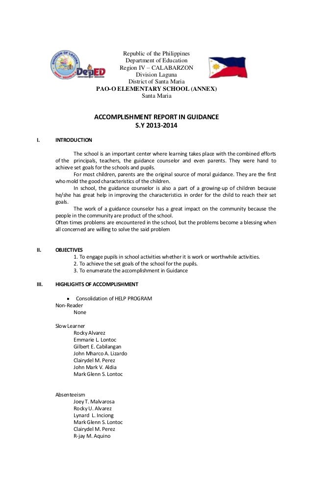 Accomplishment Report In Guidance Accomplishment Report In Guidance
