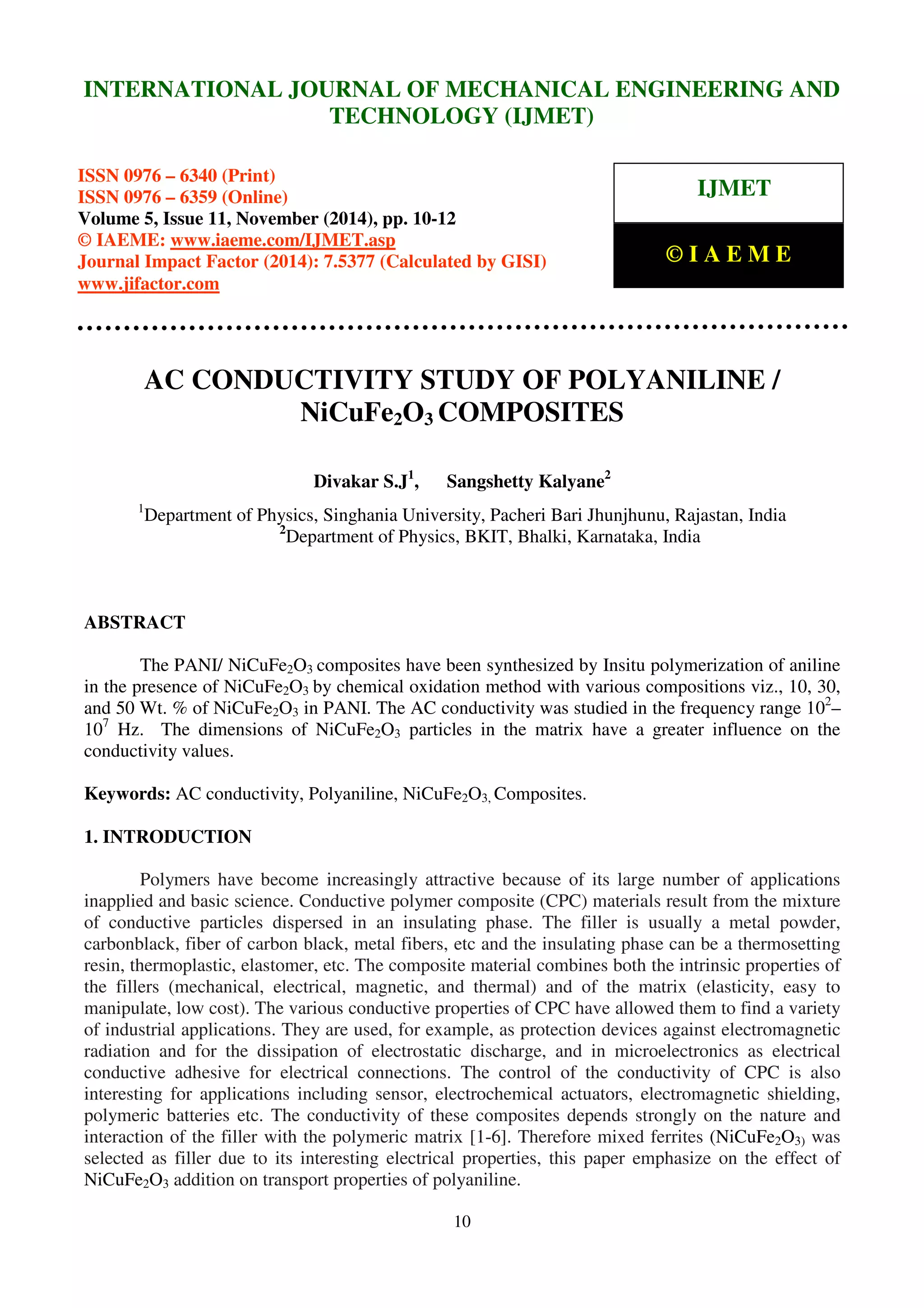 Ac conductivity study of polyaniline ni cufe2o3 composites | PDF