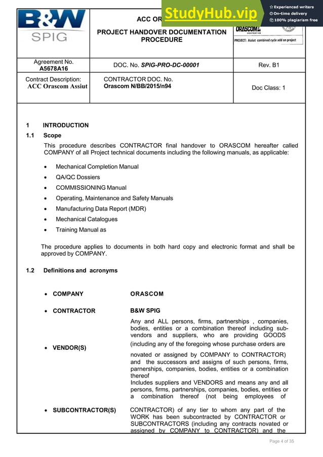 ACC ORASCOM PROJECT HANDOVER DOCUMENTATION PROCEDURE ACC Orascom Assiut PROJECT HANDOVER ...