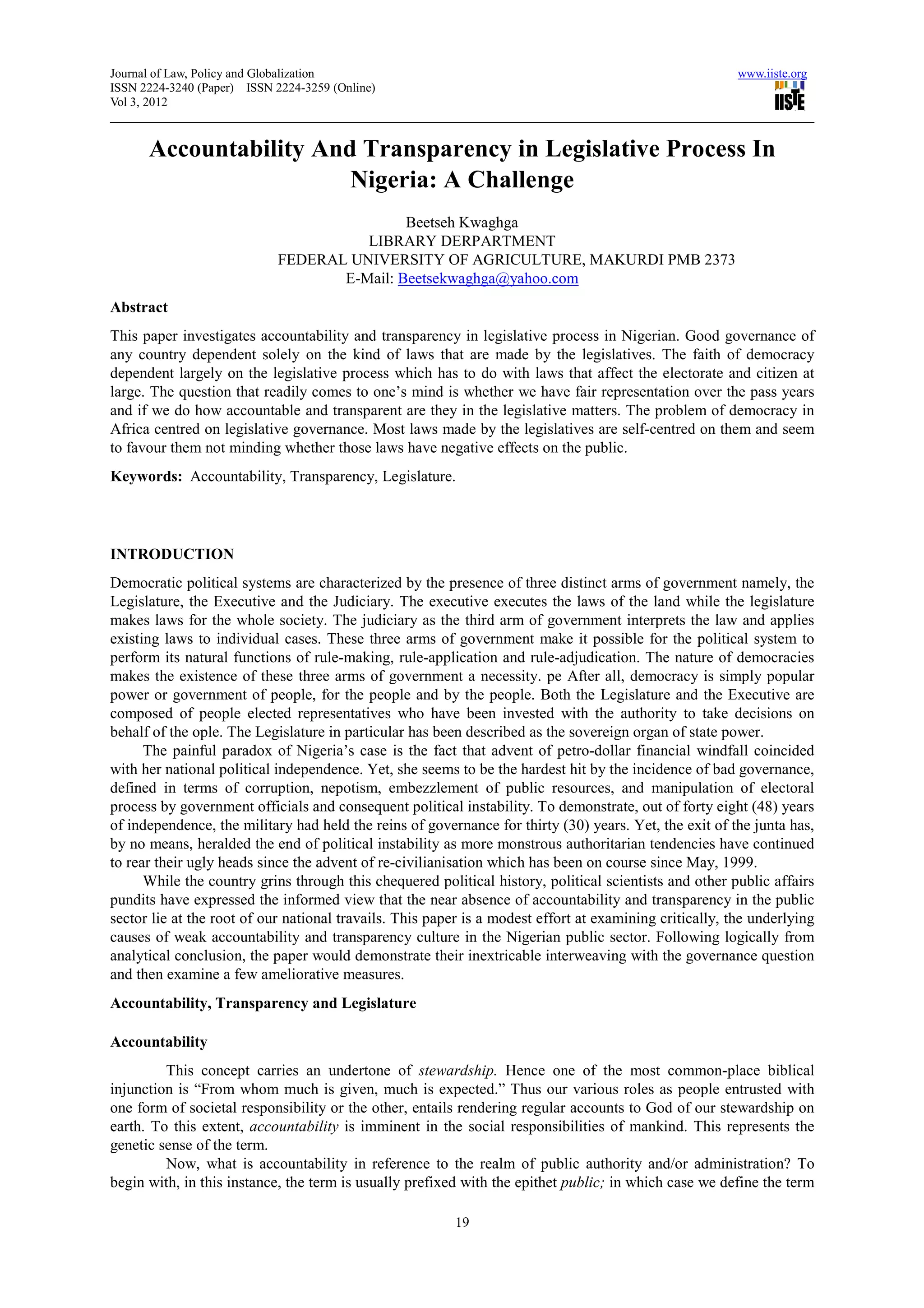 Accountability and transparency in legislative process in nigeria a ...