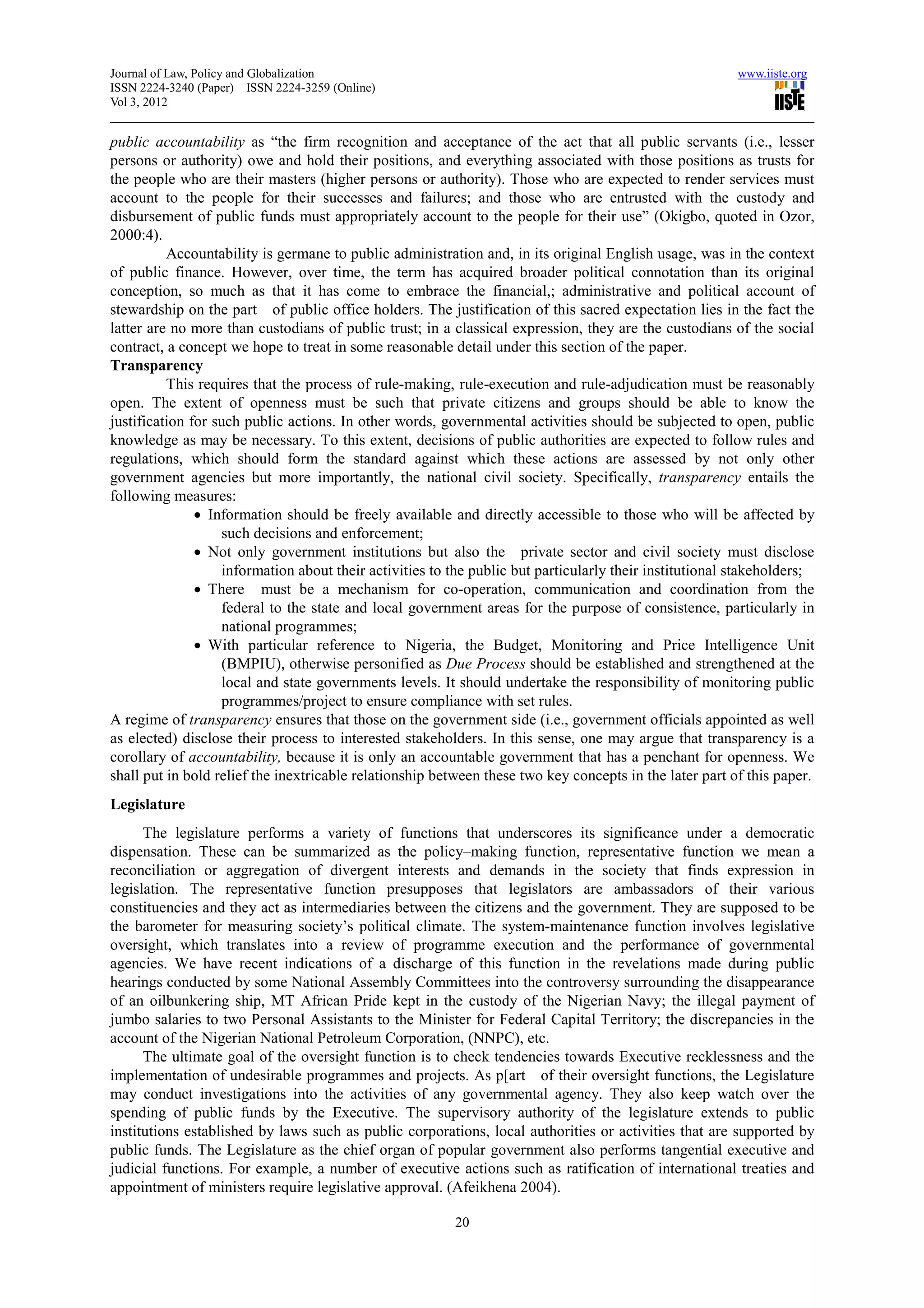 Accountability and transparency in legislative process in nigeria a ...