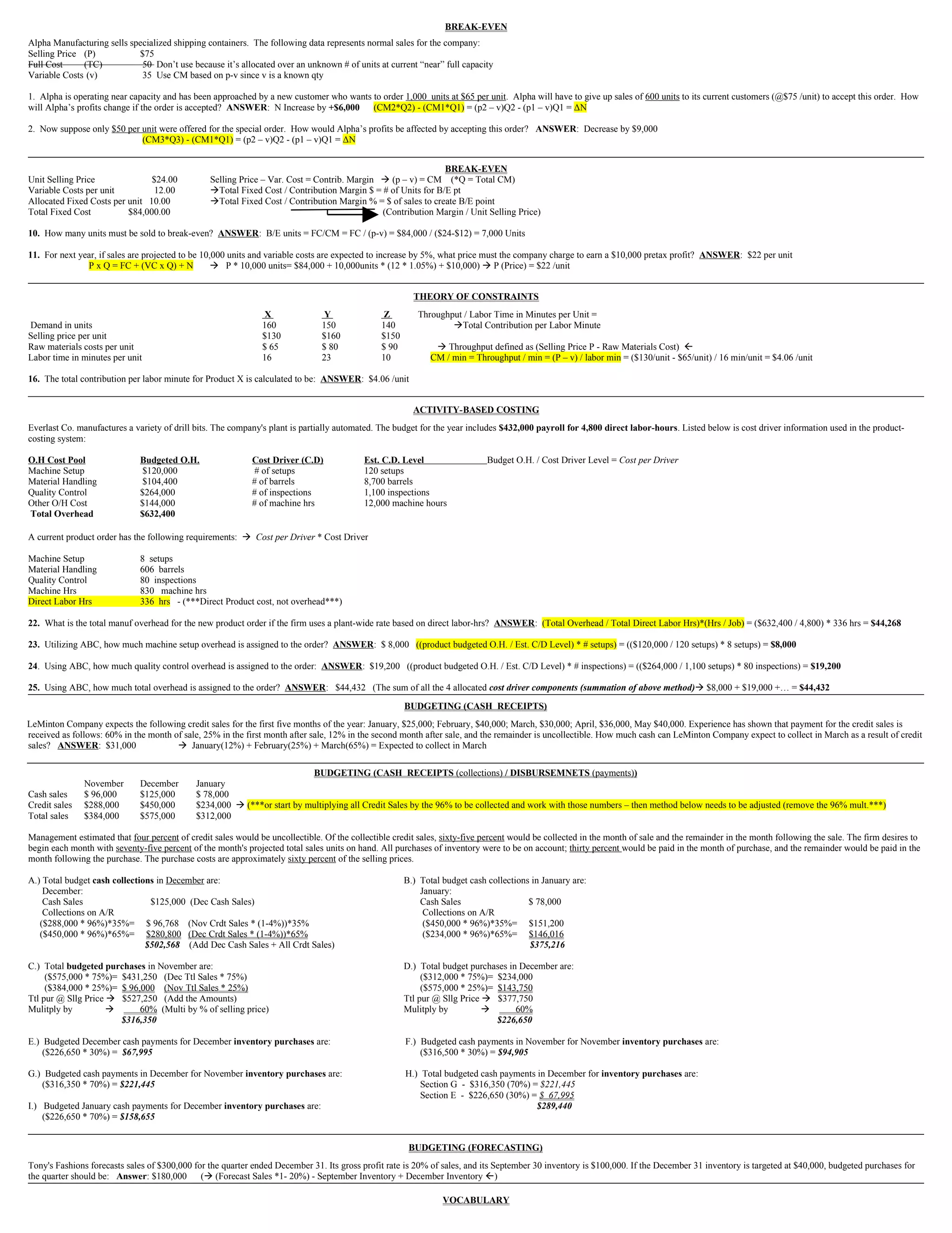 Managerial Accounting Mid-term Cheat Sheet | DOC