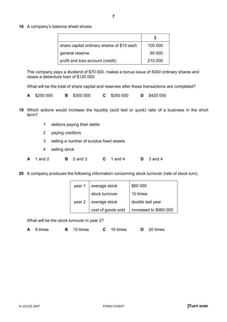 Accounting 970601 paper 1 multiple choice october november 2007 | PDF