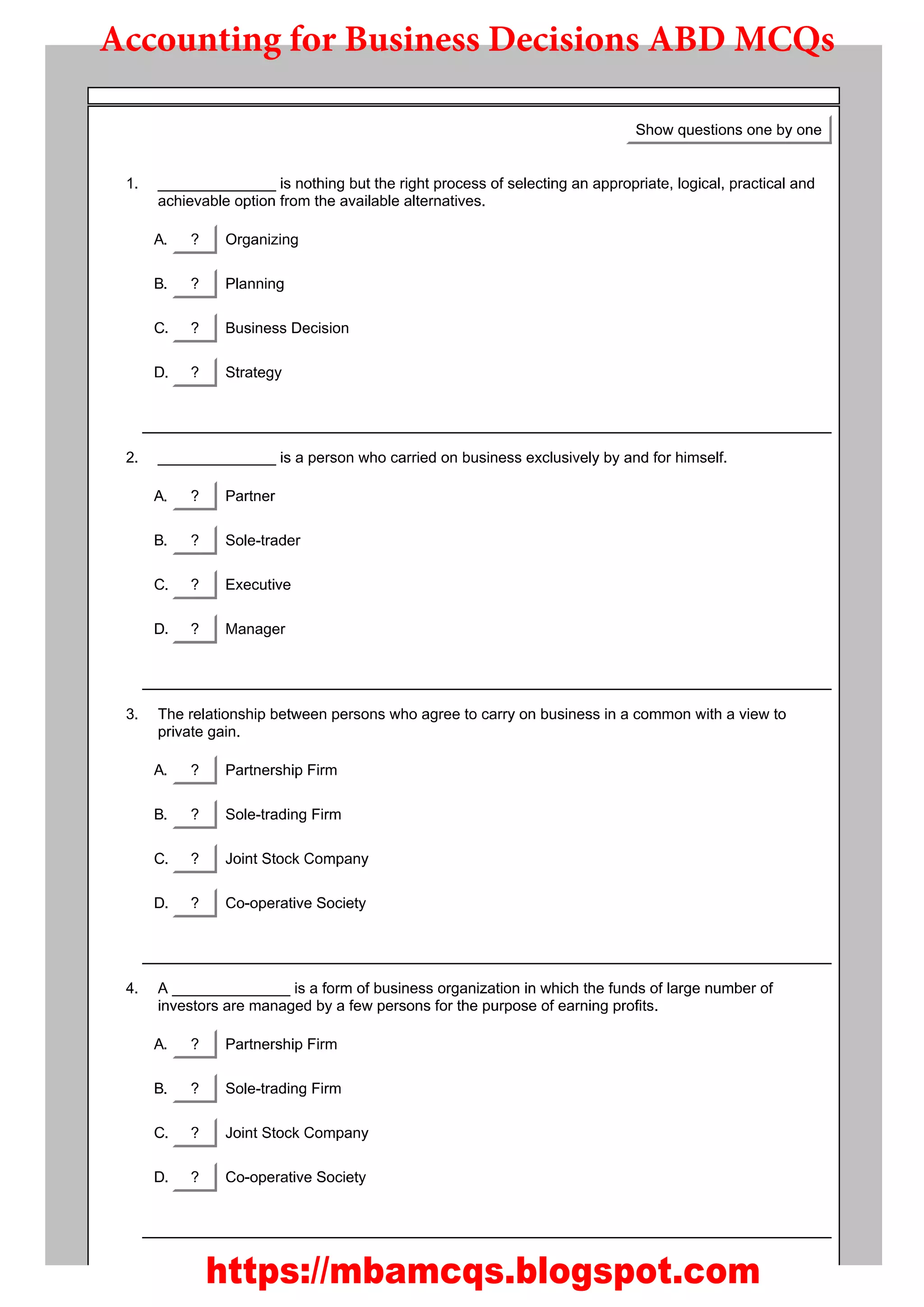 Accounting for Business Decisions MCQs | Accounting MCQs | PDF