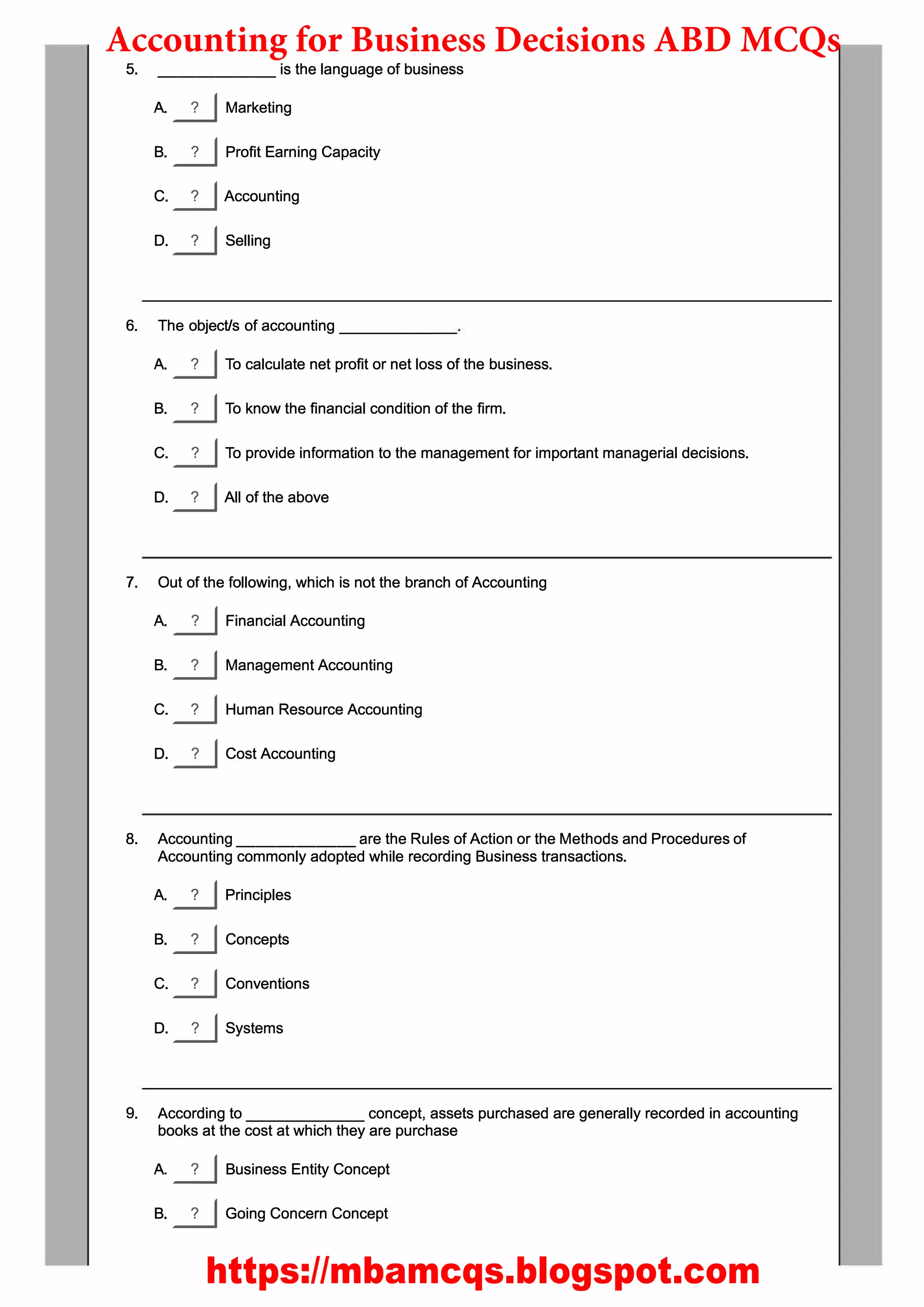 Accounting for Business Decisions MCQs | Accounting MCQs | PDF