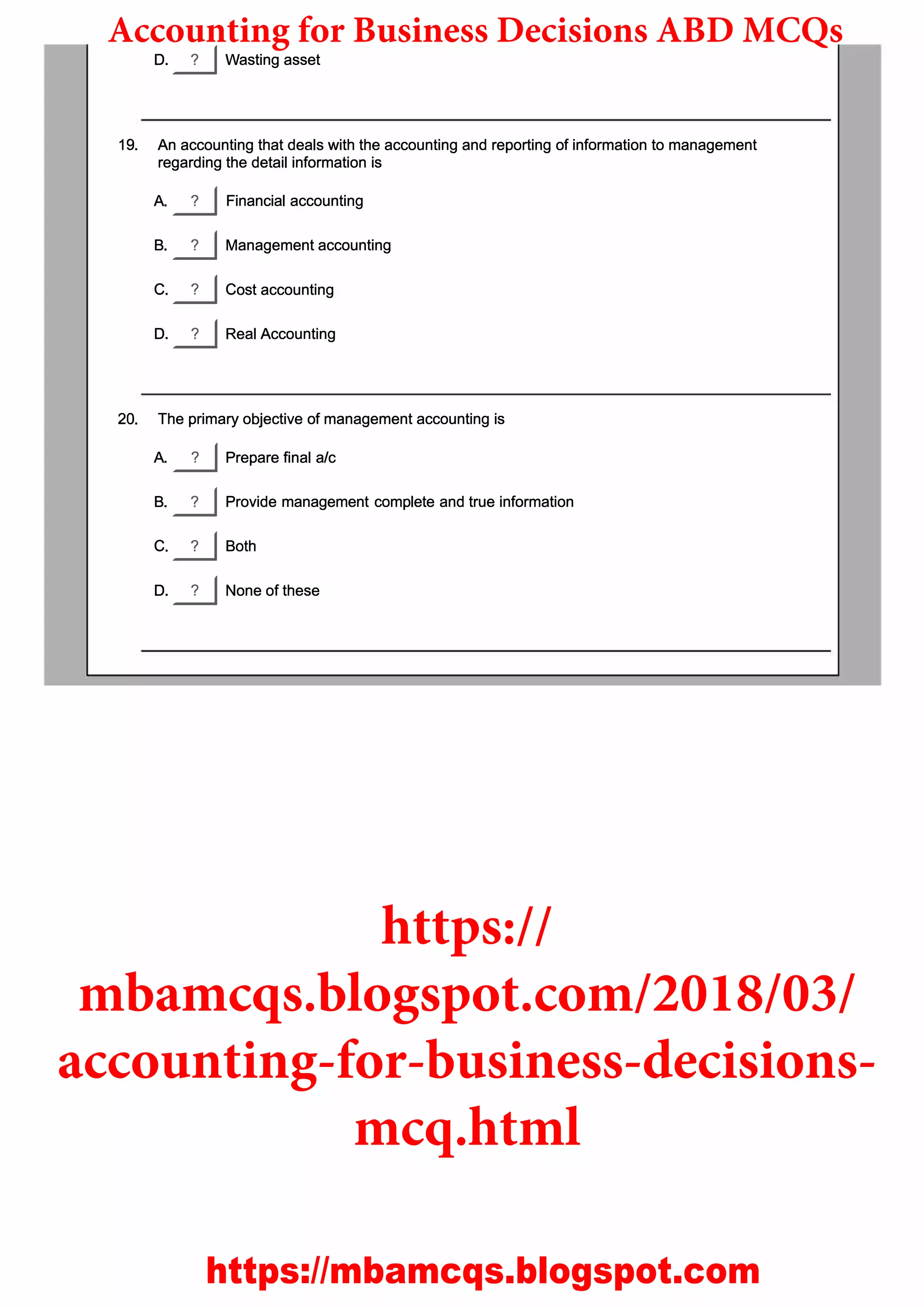 Accounting for Business Decisions MCQs | Accounting MCQs | PDF